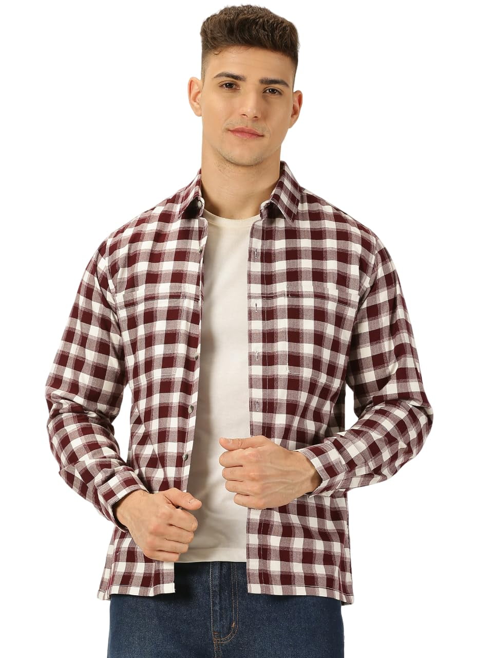 Thomas Scott Men'S 100% Cotton Full Sleeves Maroon Checkered Casual ...