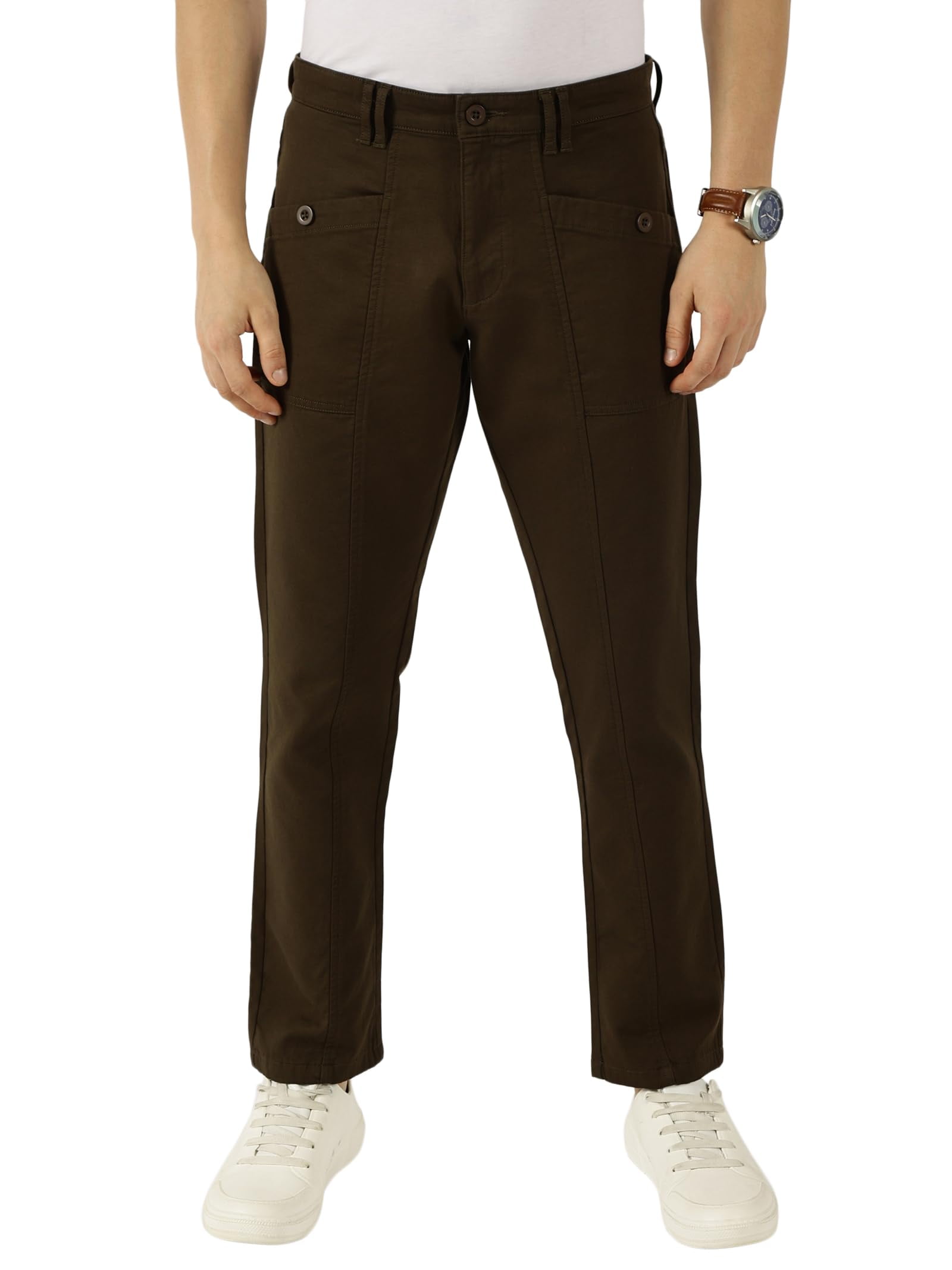 Thomas Scott Men Solid Regular Fit Trouser (Tsb102_Darkolive, 30) Dark ...
