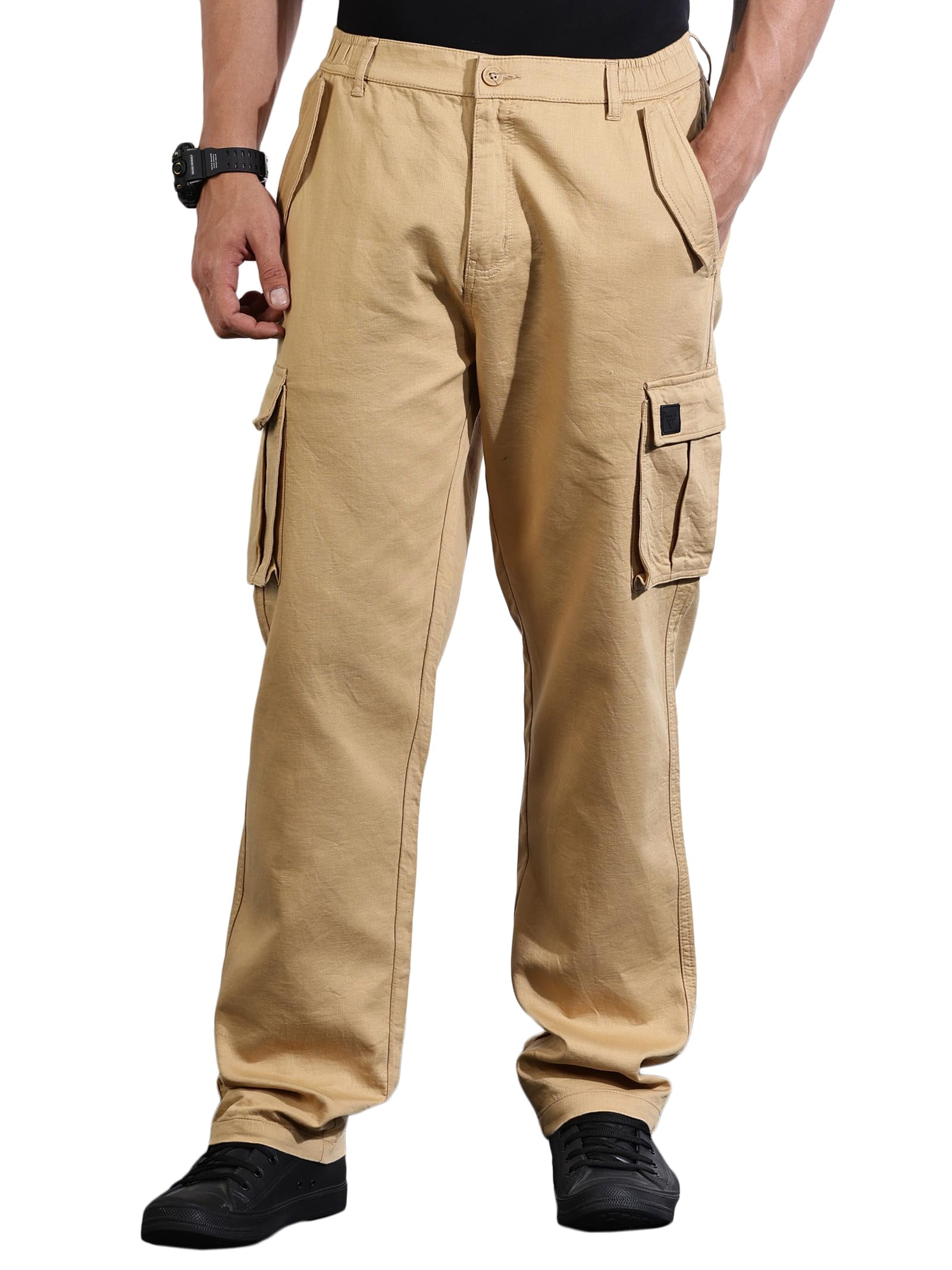 Thomas Scott Mens Solid Relaxed Fit Cargo Trouser (Tsb104_Fawn, 30 ...