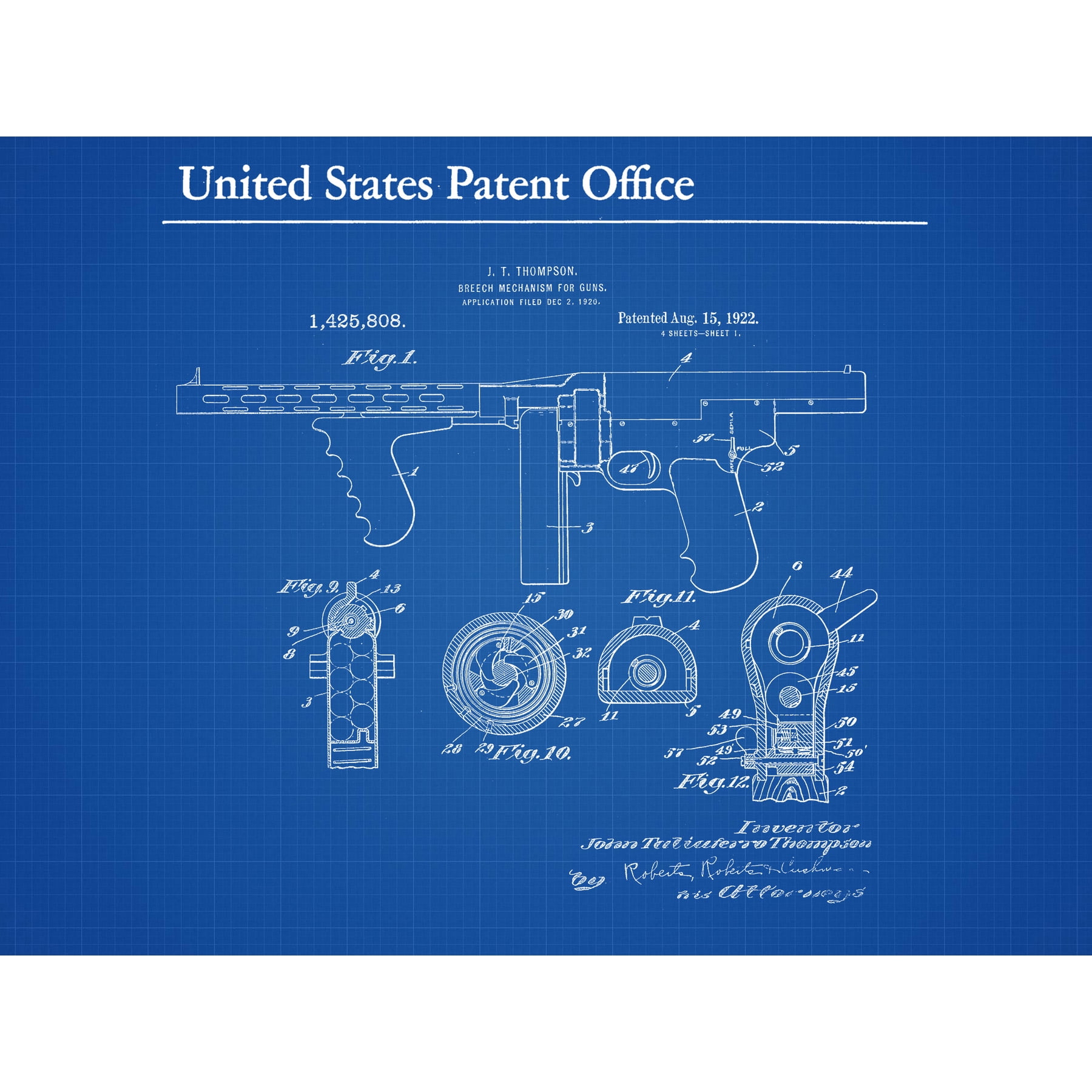 Thompson Tommy Breech Mechanism Gun 1922 Classic Patent Extra Large XL ...
