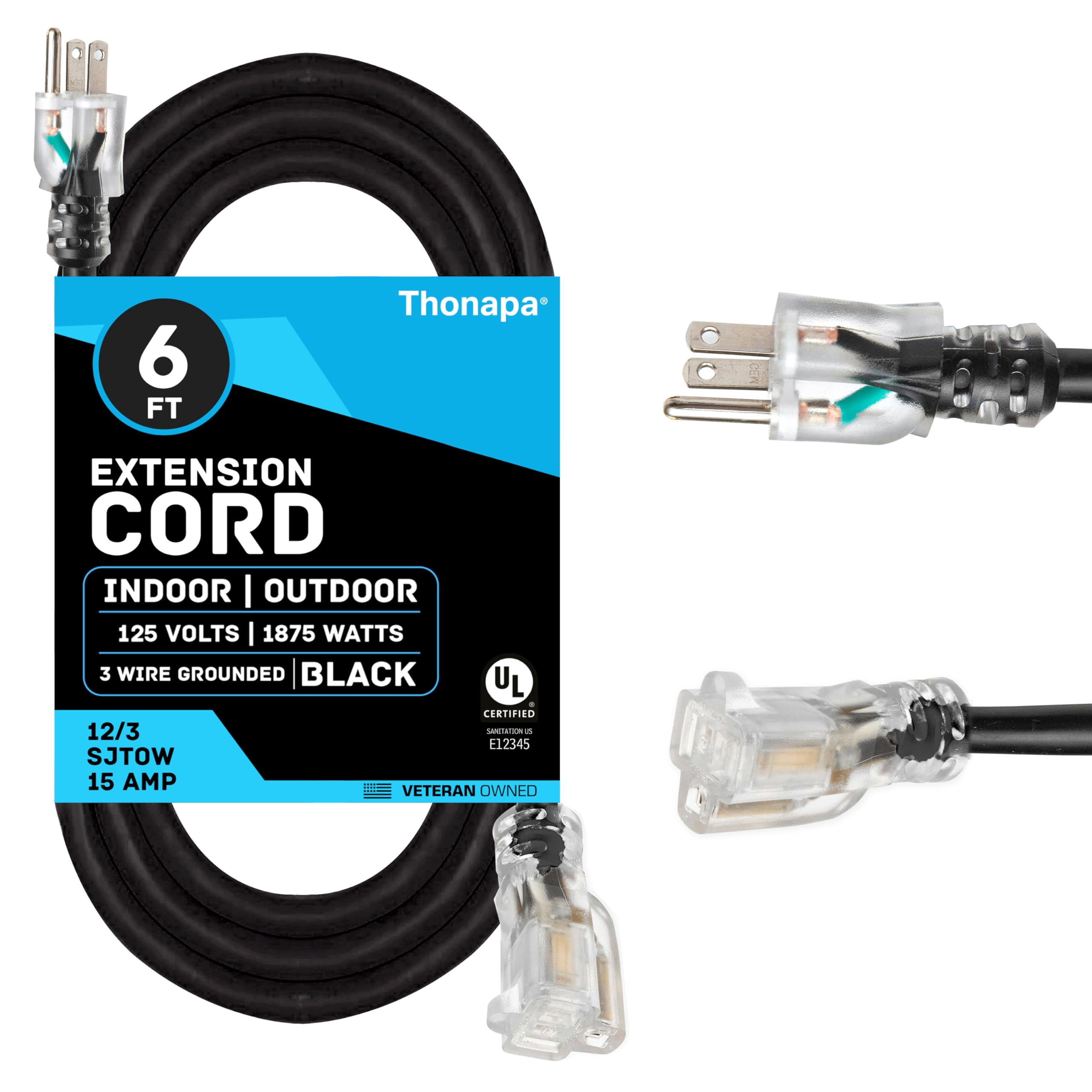 Thonapa 6 Foot Outdoor Extension Cord - 12/3 Heavy Duty Black Extension ...
