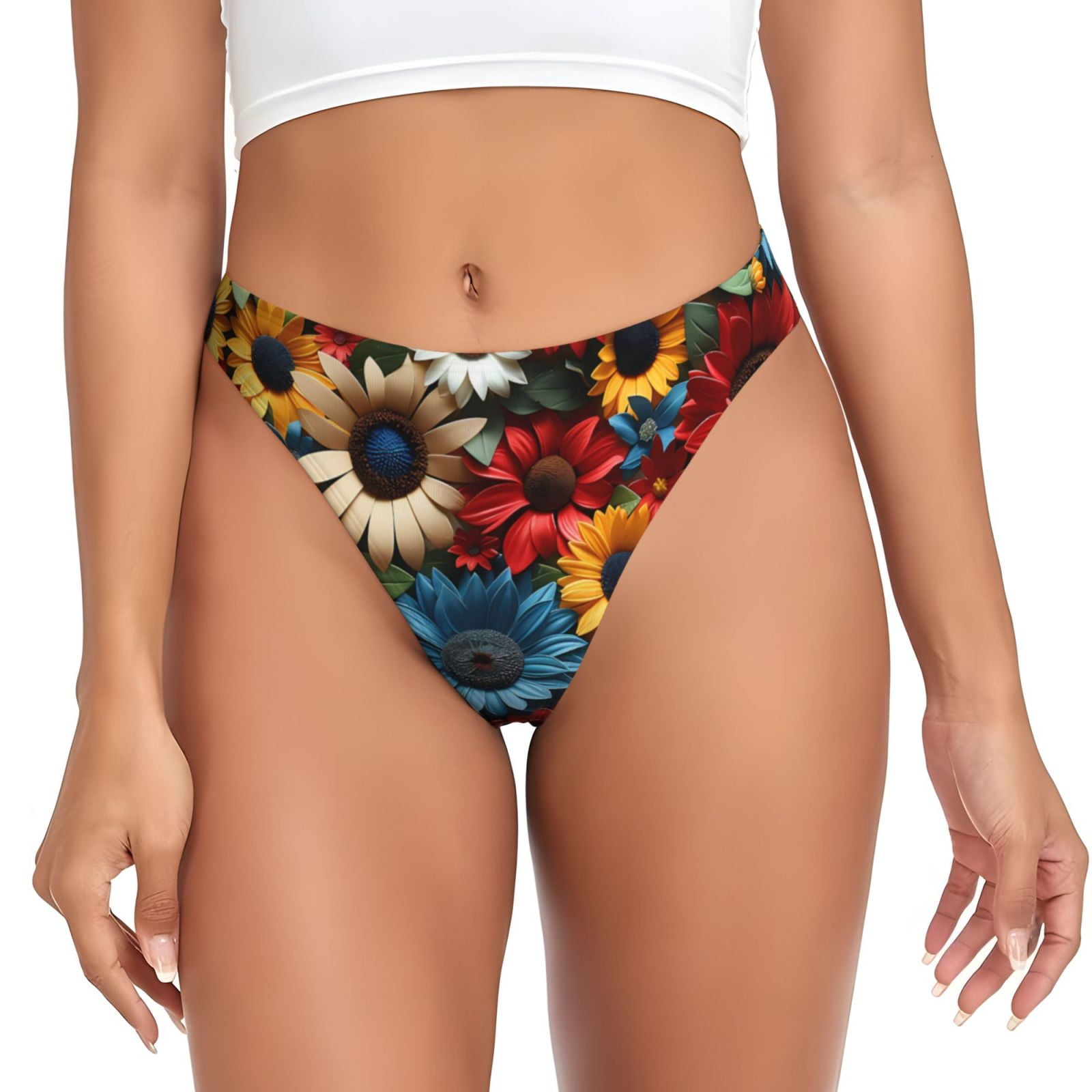 Thongs for Women - Colorful Fabric Sunflowers No Show Seamless Womens Thongs Underwear, Stretch ...