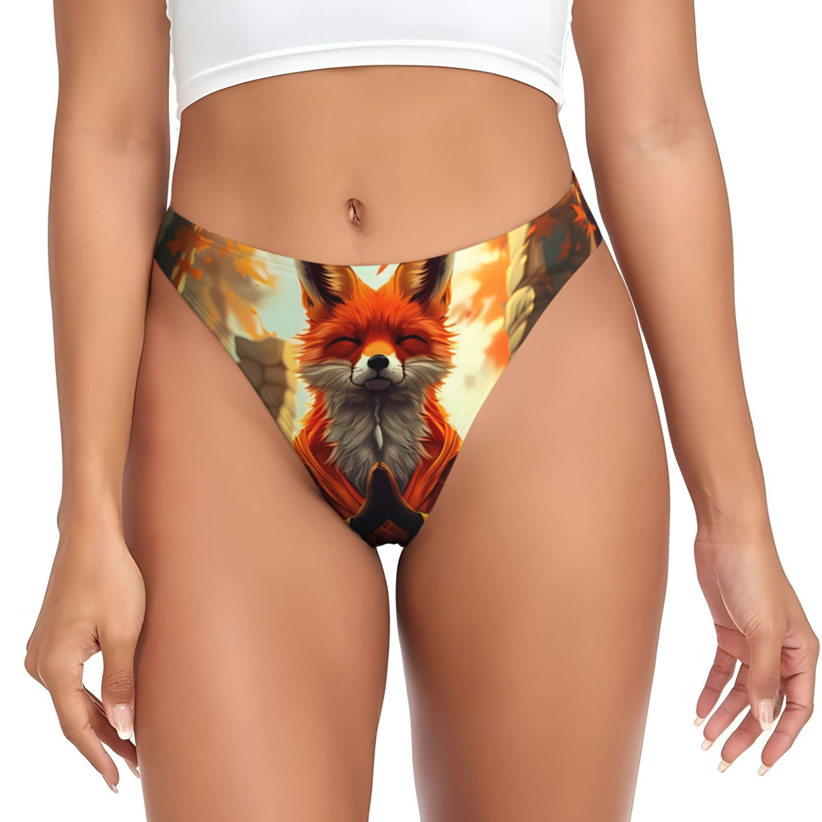Thongs for Women - Maple Leaf Meditating Fox No Show Seamless Womens Thongs Underwear, Soft ...