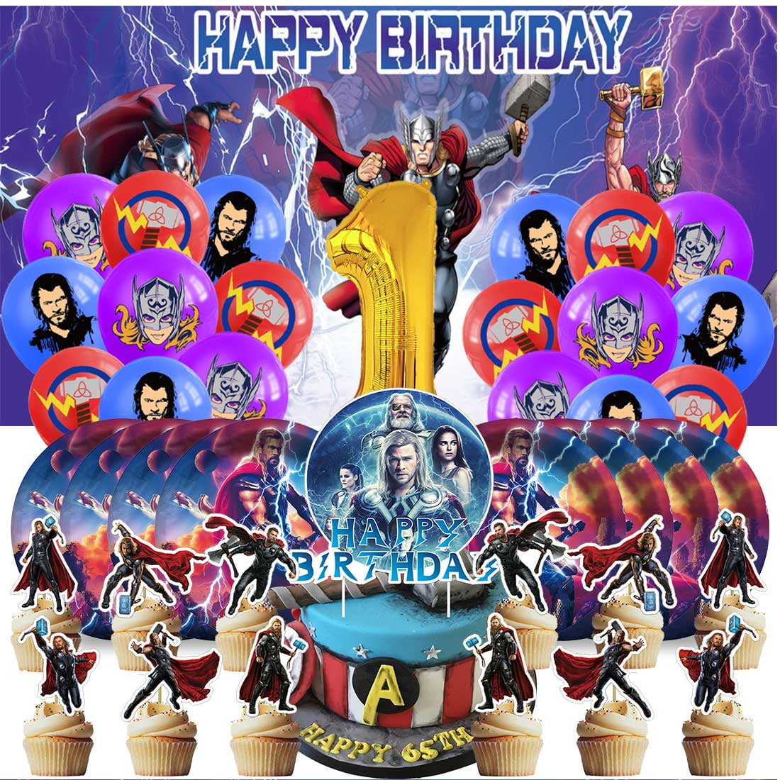 Thor Balloons Party Supplies 1st Decor Tableware Birthday Cake Topper ...