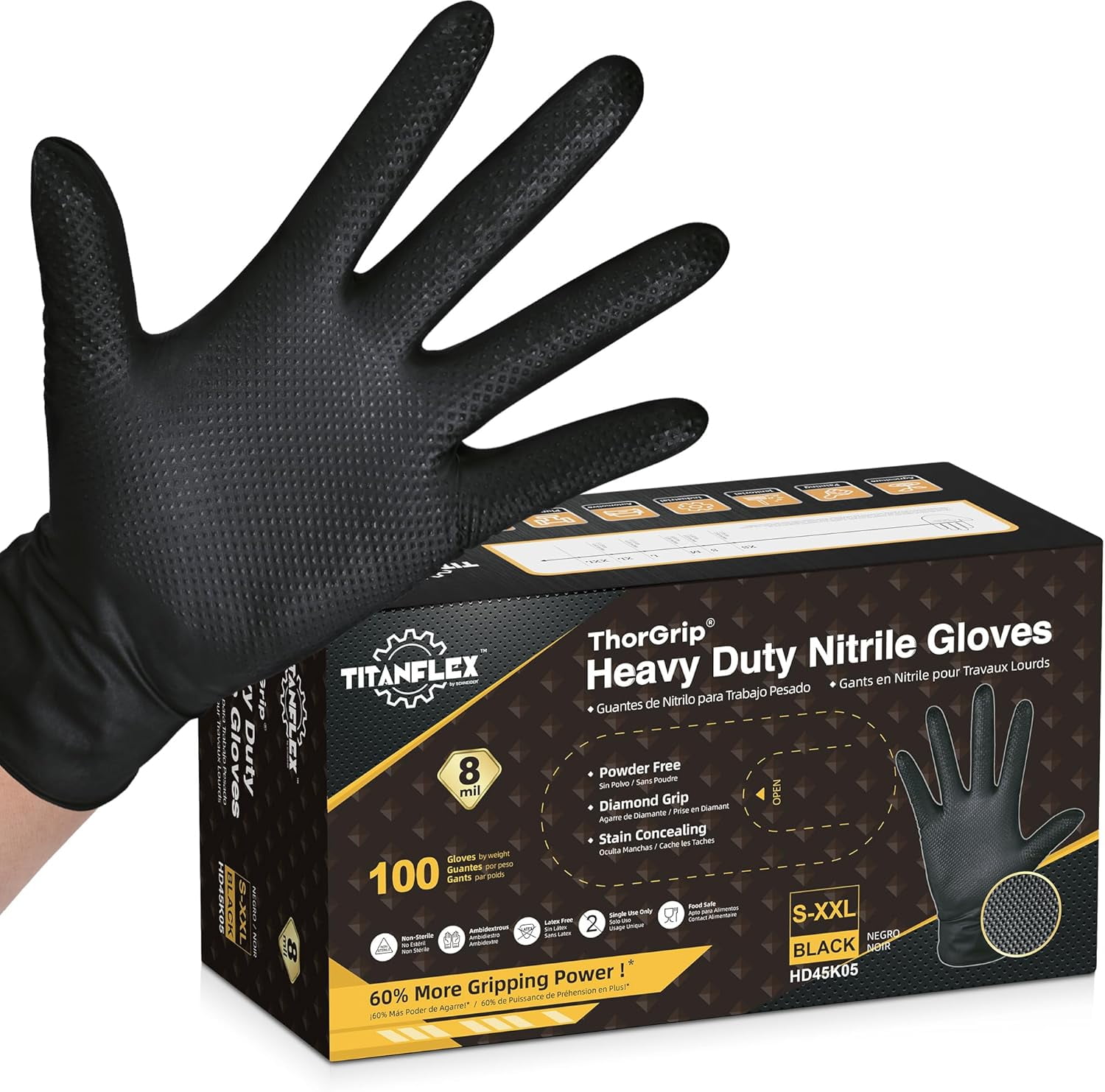 Thor Grip Heavy Duty Black Industrial Nitrile Gloves with Raised ...