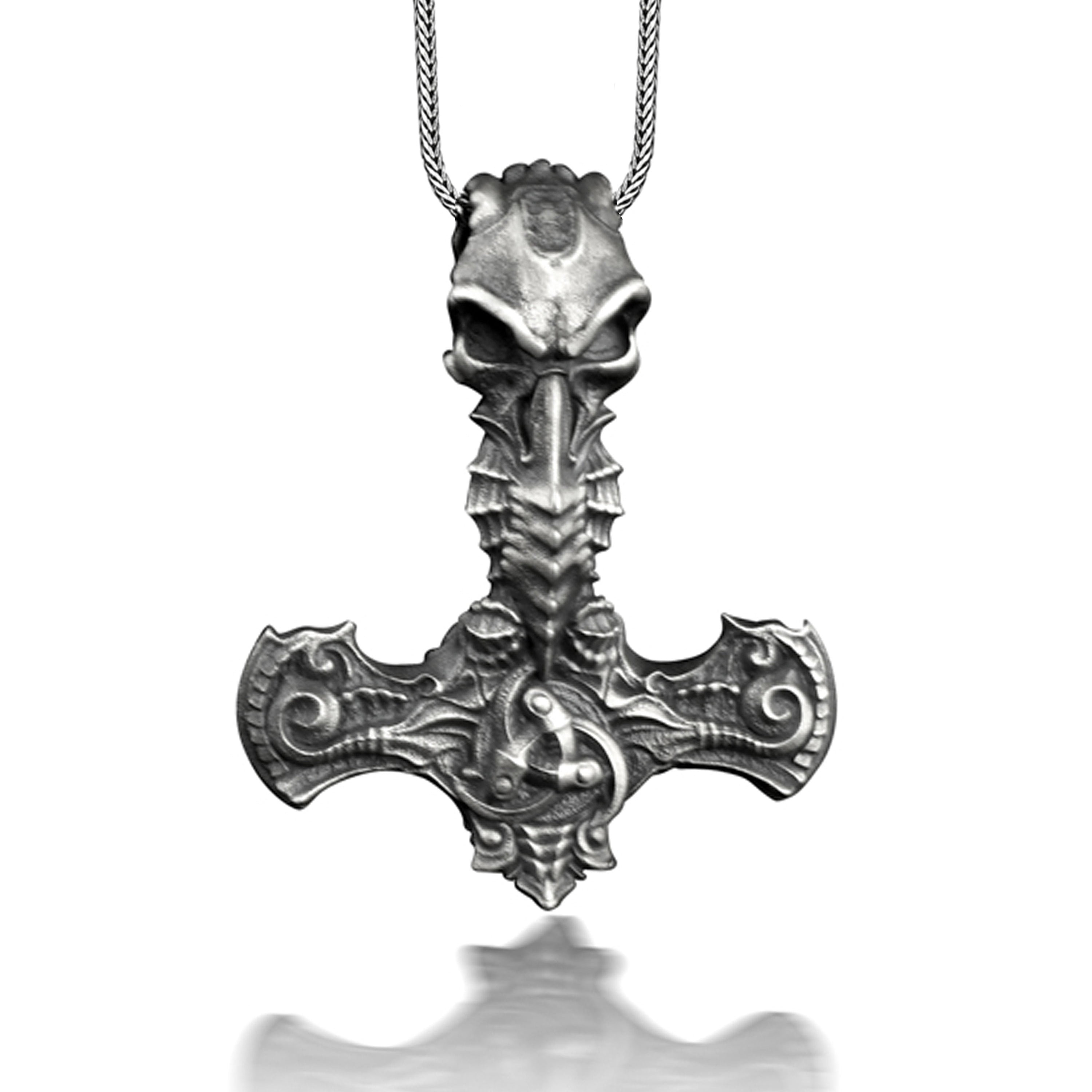 Thor Hammer in Gothic Futuristic Necklace, Viking Knot and Skull on ...