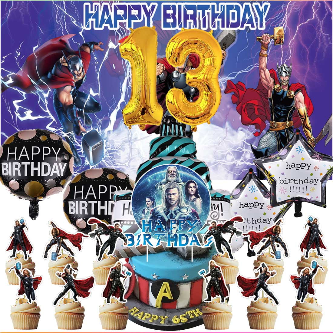 Thor Party Supplies Decor 13th Kit Balloons Birthday Cake Topper Banner ...