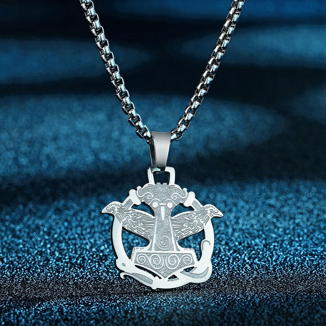 Thors Hammer with Raven Necklace Viking Medallion Pagan Odin Pendant ...