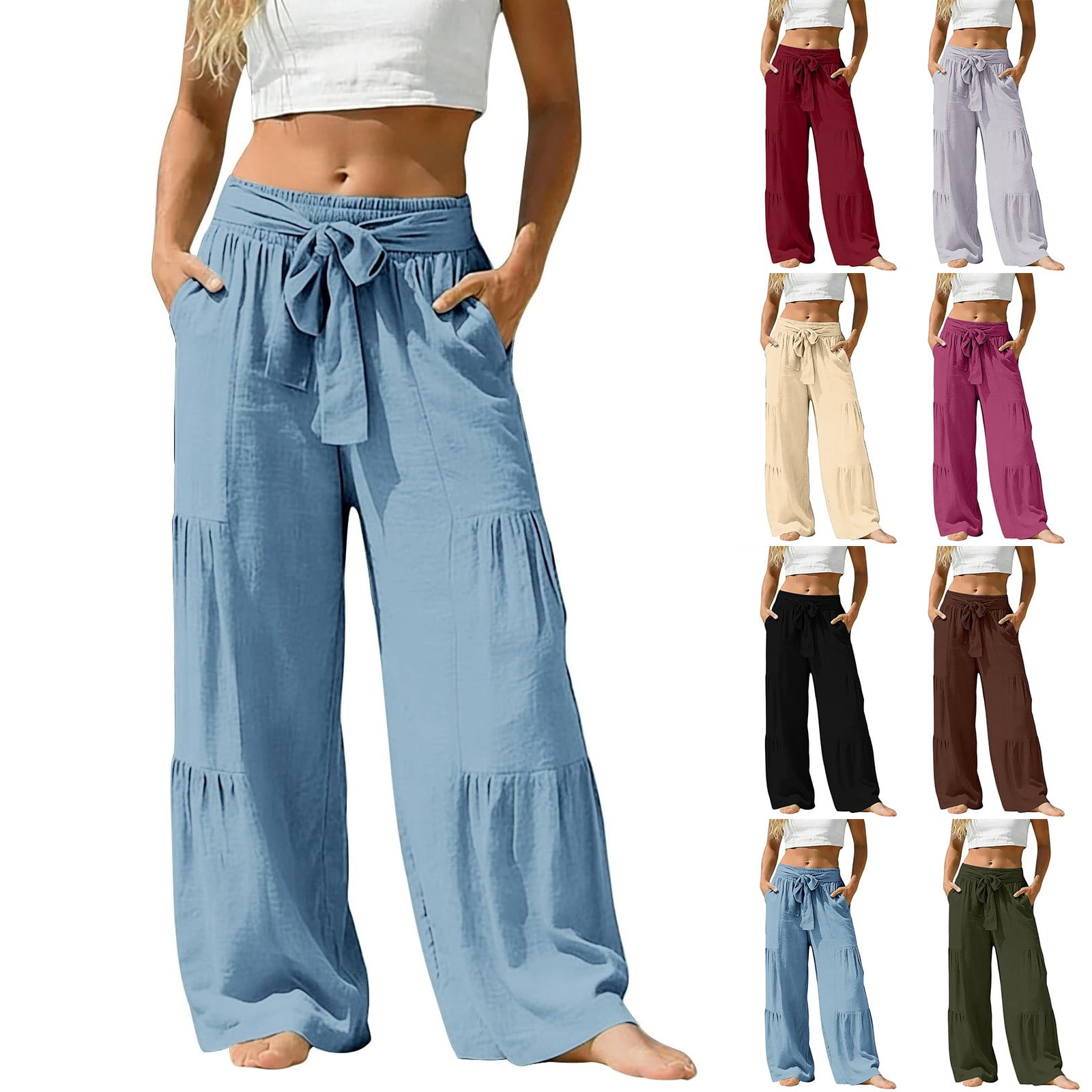 Thousandth Women's Mini Waist Wide Leg Pants Lightweight Flowy Cropped ...