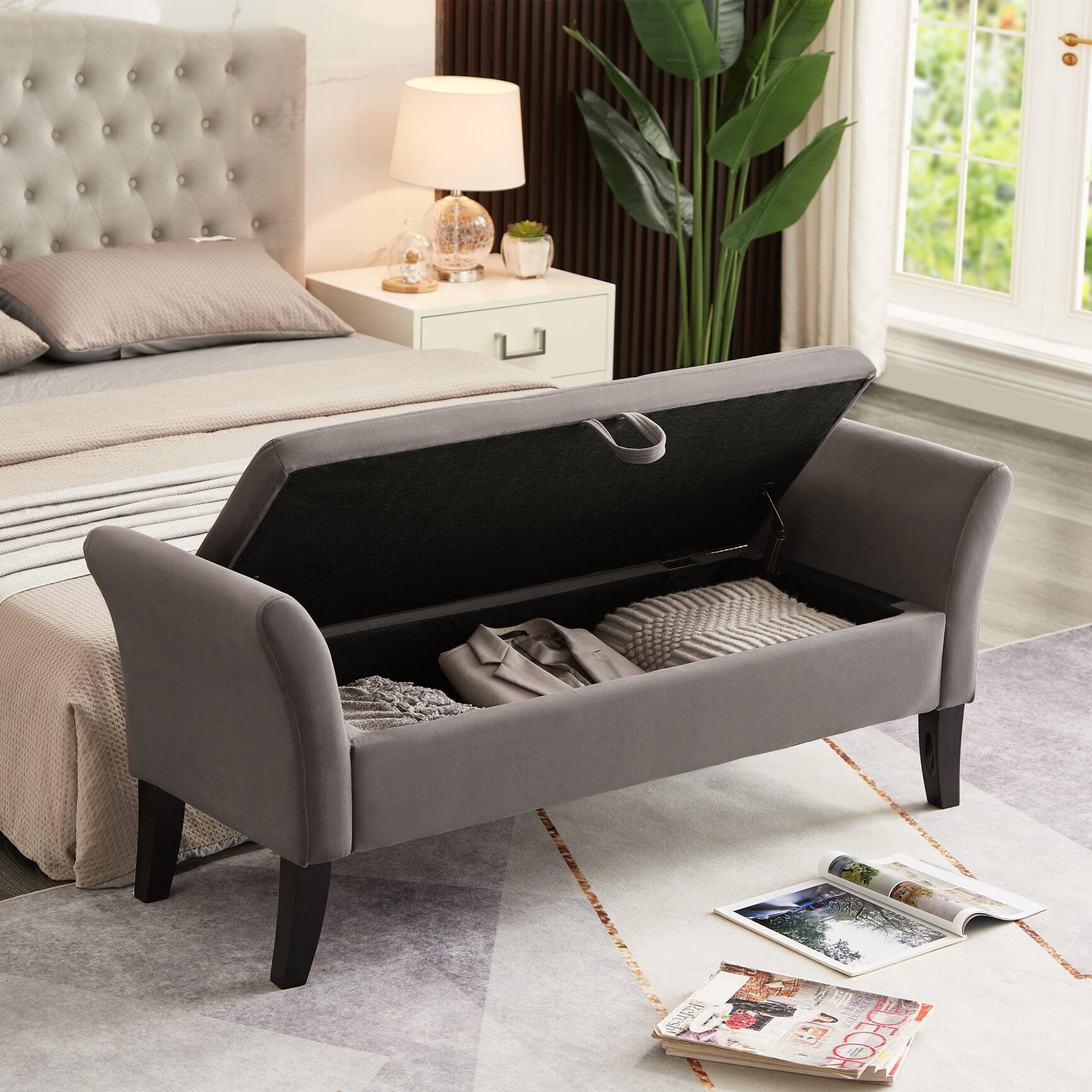 Thowdee Velvet Upholstered Ottoman Storage Bench, Grey - Walmart.com