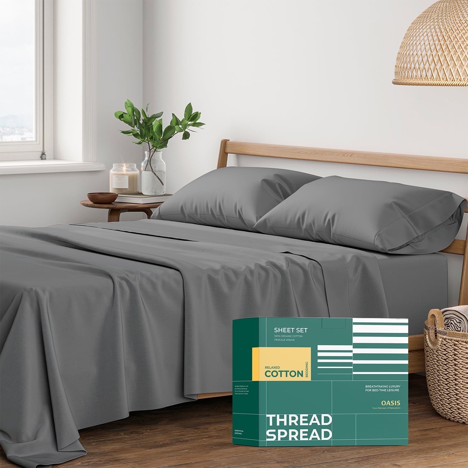 Thread Spread 100% Organic Cotton Queen Percale Sheet Set - Dark Grey ...