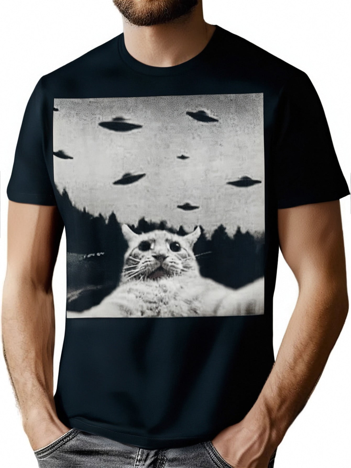 ThreadWeird Alien Cat UFO T-Shirt - Classic Fit, Round Neck, Black ...