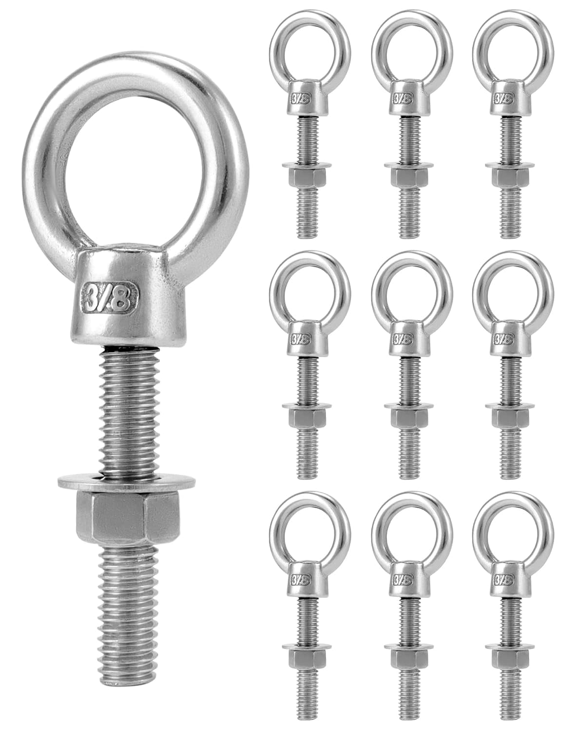 Threaded Eyebolts, 10 Pack 3/8" x 2" Long 304 Stainless Steel Marine ...