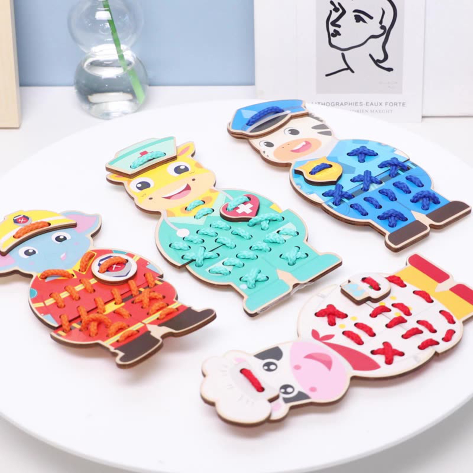 Threading Toys Colorful Cartoon Wood Early Educational Animal Sewing ...