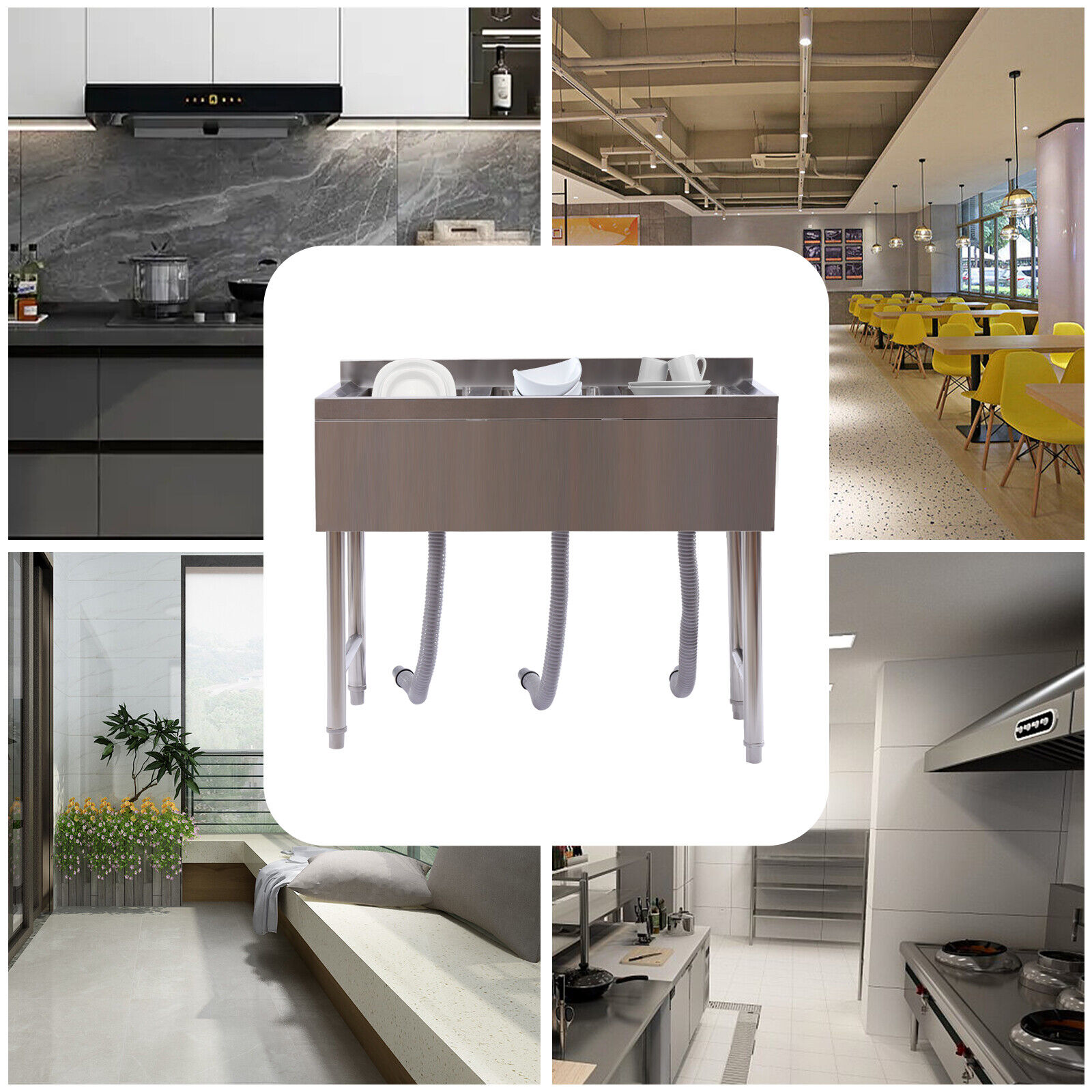 Three 3 Compartment Stainless Steel Commercial Kitchen Bar Sink with 3 ...