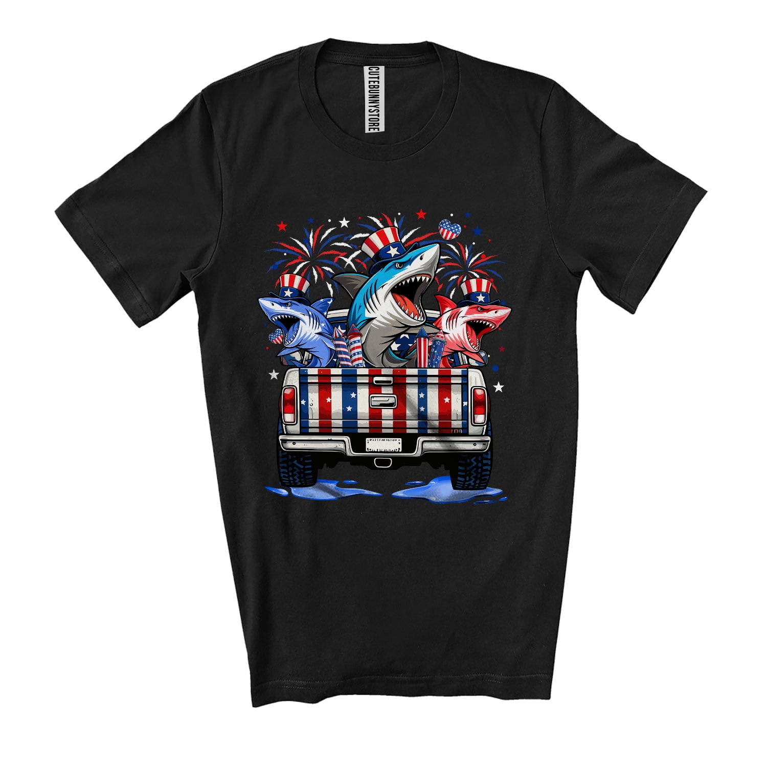 Three American Flag Shark On Truck; Joyful 4th Of July Firework ...