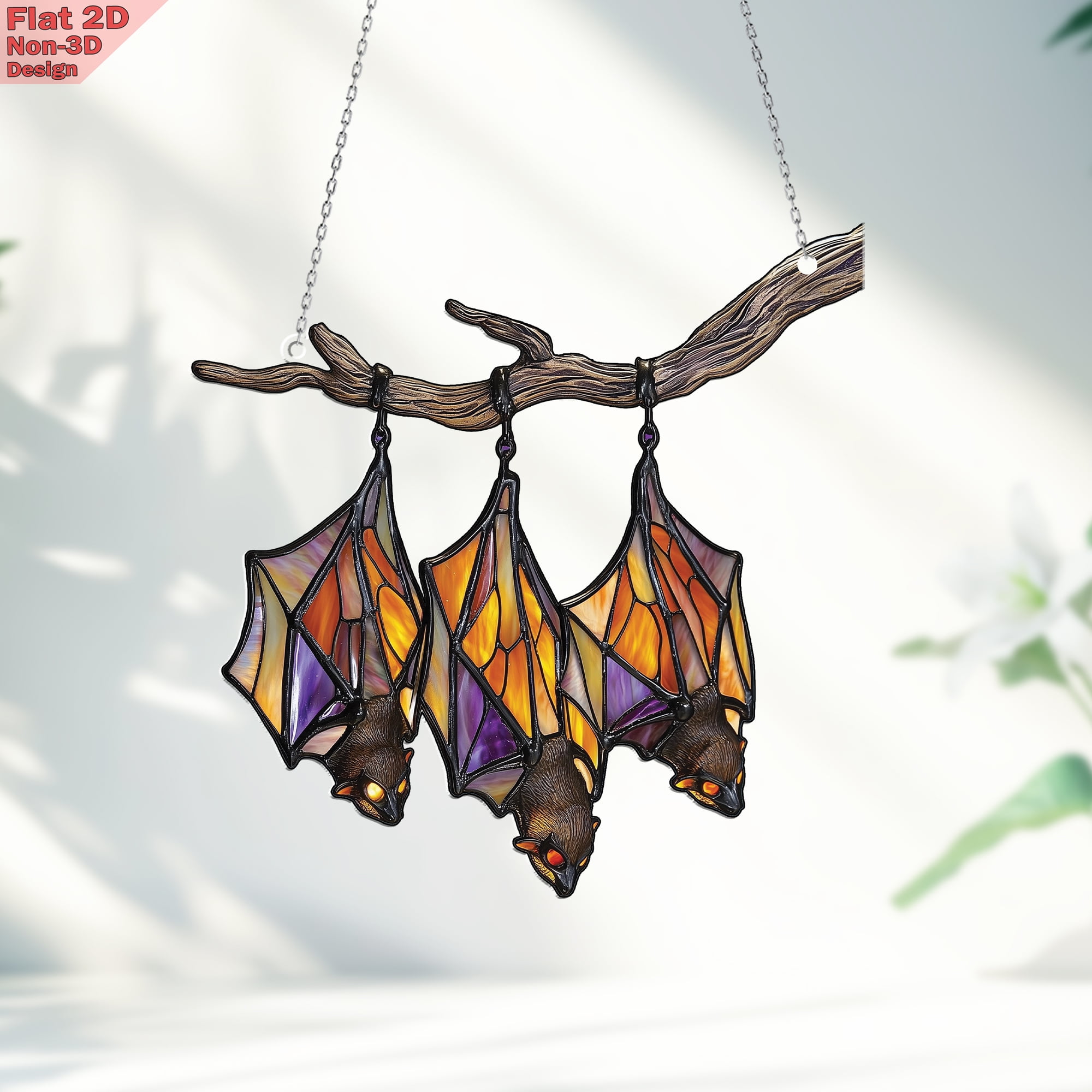 Three Bats Hanging on Branch Acrylic Window Hanging – 2D Stained Glass ...