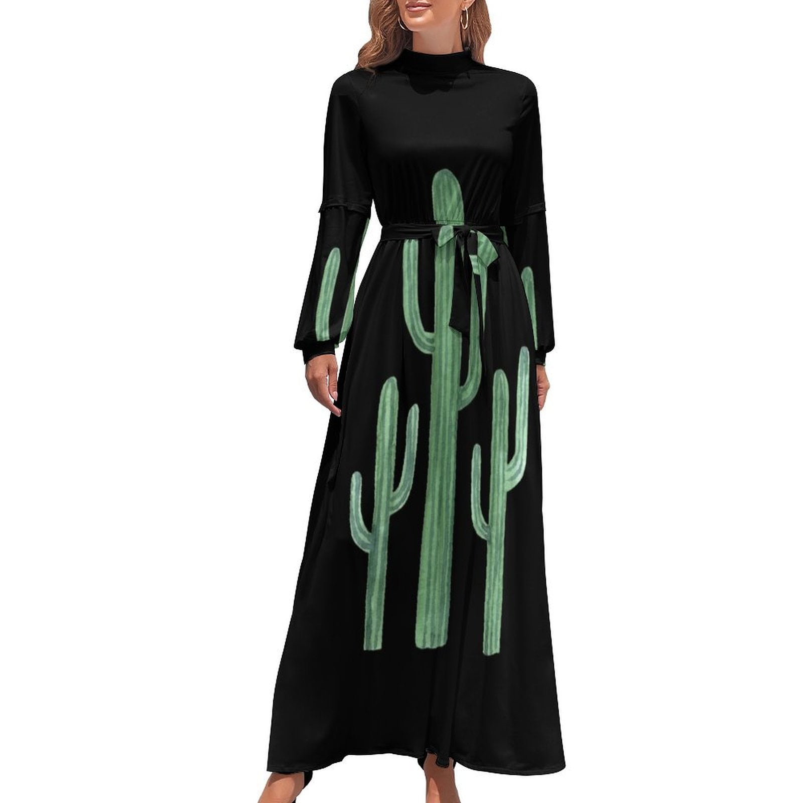 Three Beautiful Green Cacti Succulent on Black Design Long Dress Dress ...