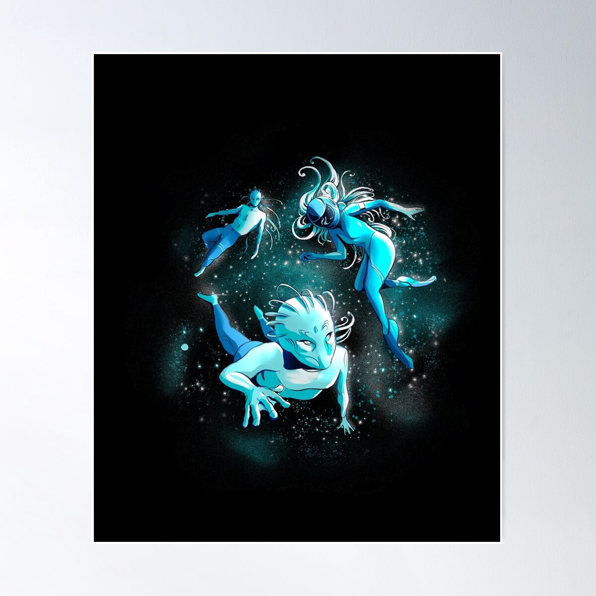 Three Blue Aliens Floating In Space Poster Wall Art, Modern Wall Decor ...