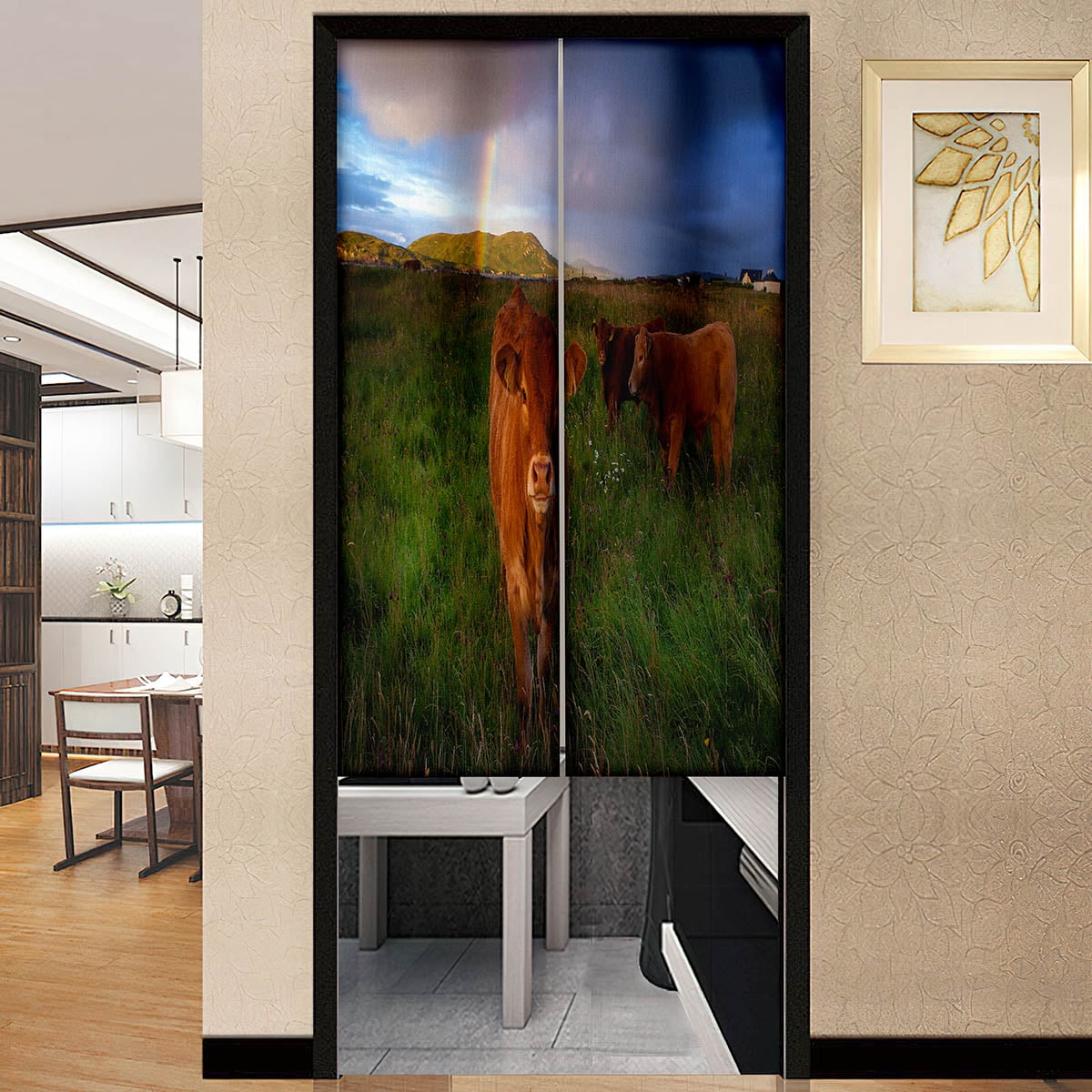 Three Brown Cows Grass Meadow Door Curtain Japanese Style Kitchen ...