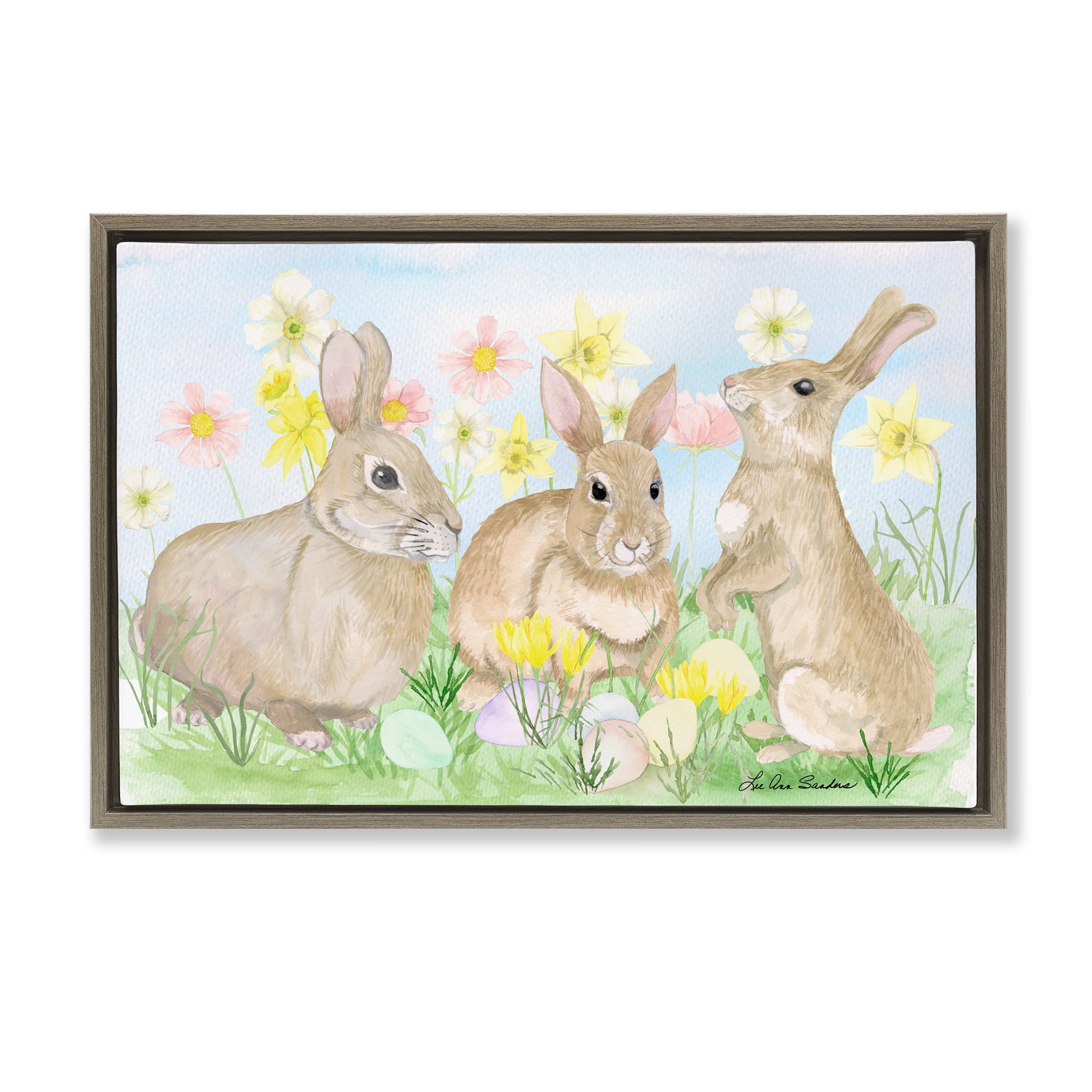 Three Bunnies In The Grass Brown Framed Floater Canvas Wall Art, design ...