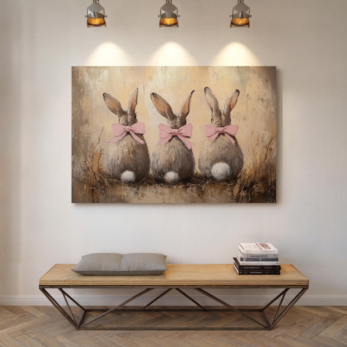 Three Bunnies With Pink Bows - Whimsical Farmhouse Easter Art, Rustic ...