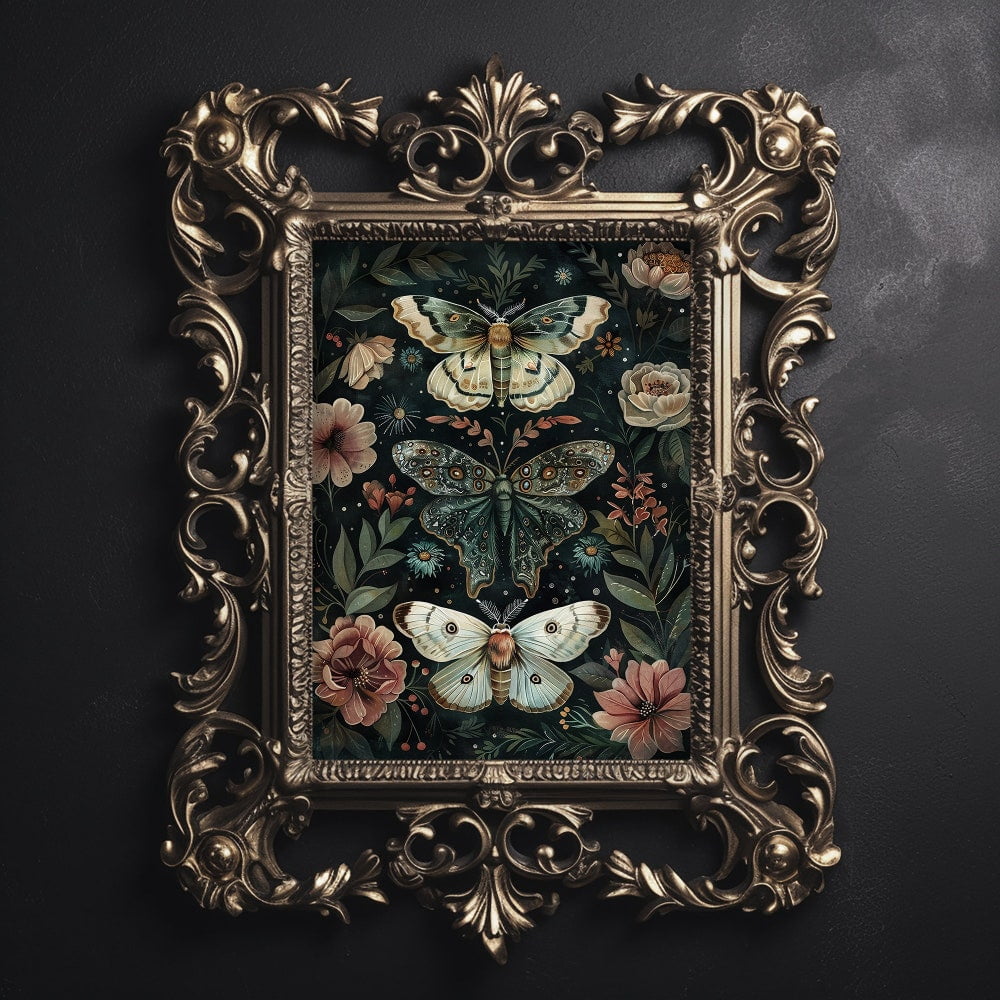 Three Butterfly In Dark Flower Garden, Moody Moth Print, Botanical ...