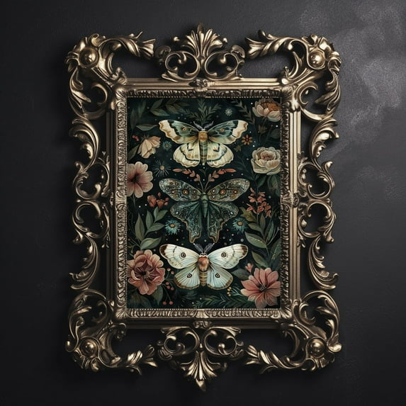 Three Butterfly In Dark Flower Garden, Moody Moth Print, Botanical ...