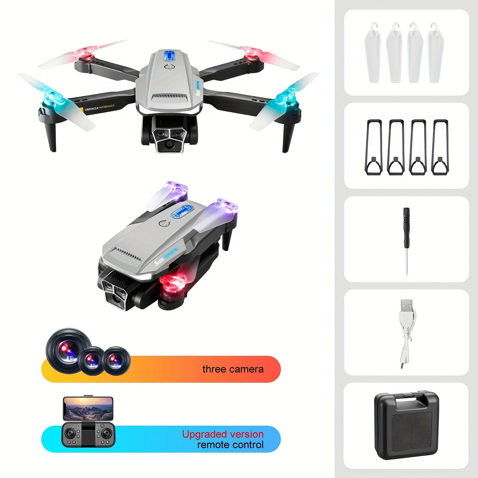 Three Cameras S82 Drone with LED Lights, Intelligent Obstacle Avoidance, Optical Flow ...