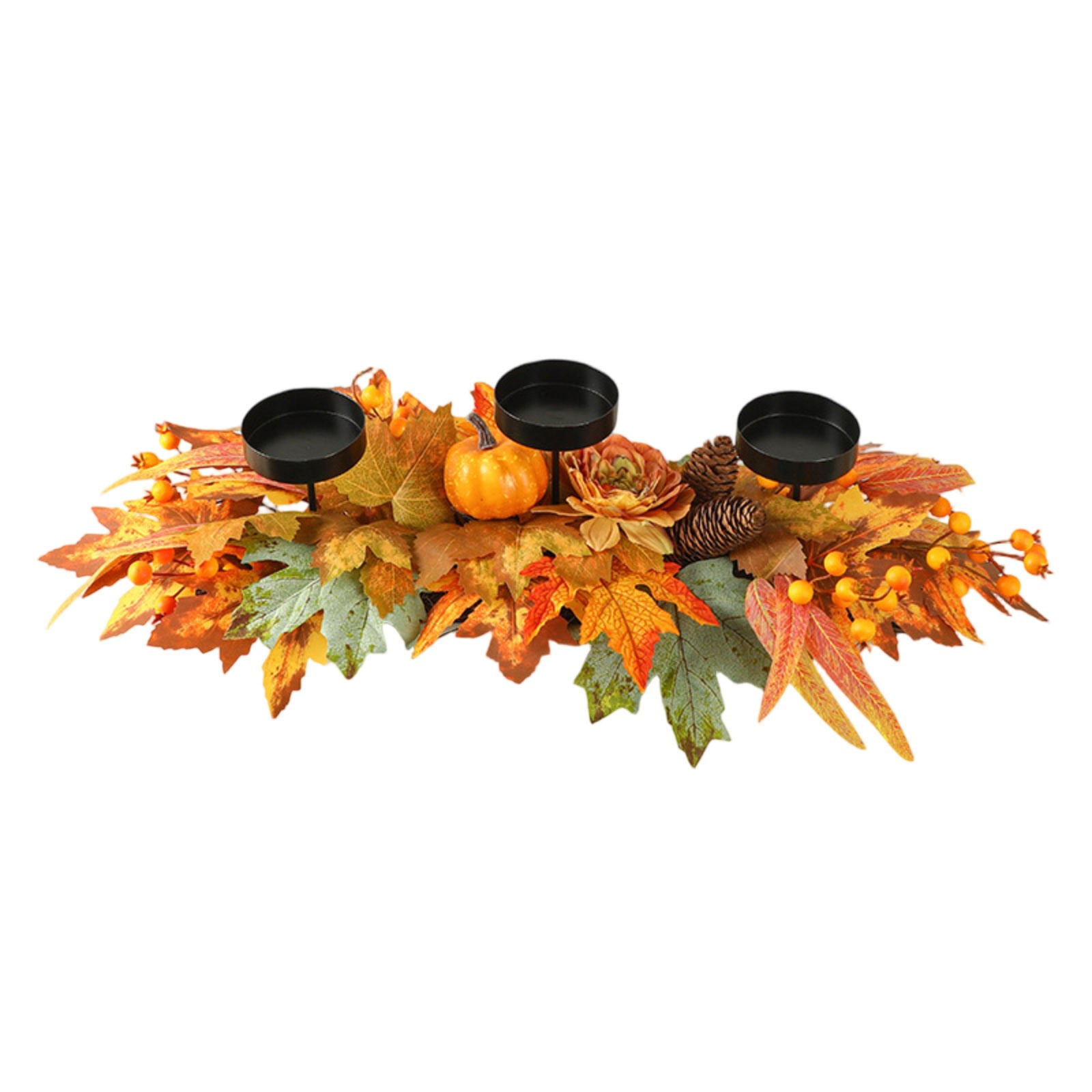 Three-Candle Fall Table Centerpiece with Autumn Leaves Pumpkin ...