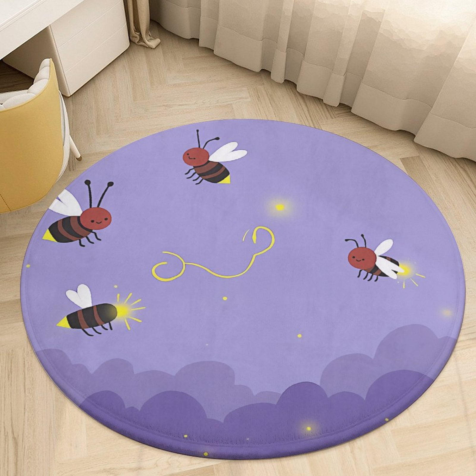 Three Cartoon Bees Flying in A Starry Sky with Clouds_01 Round Area ...