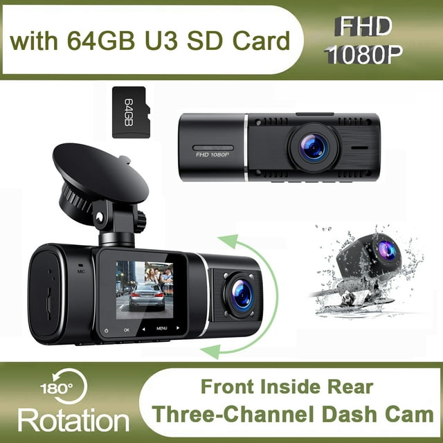 Three Channel Dash Cam Front and Rear Inside Cabin with 64GB U3 SD Card ...