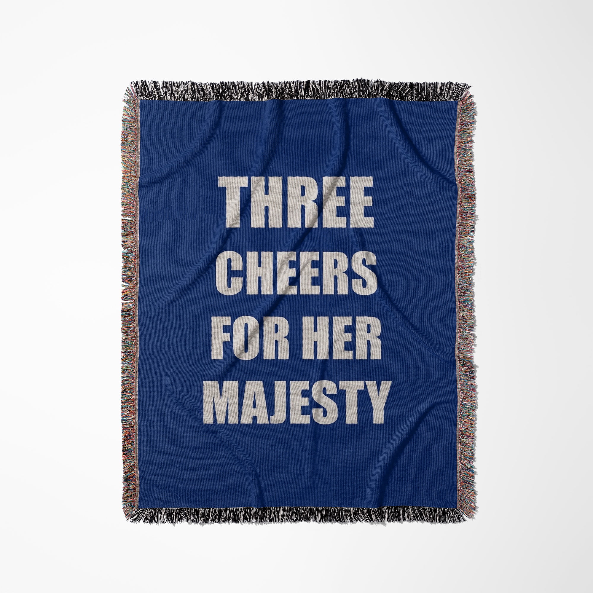 Three Cheers For Her Majesty Grey Text Blue Background, Woven Blanket ...