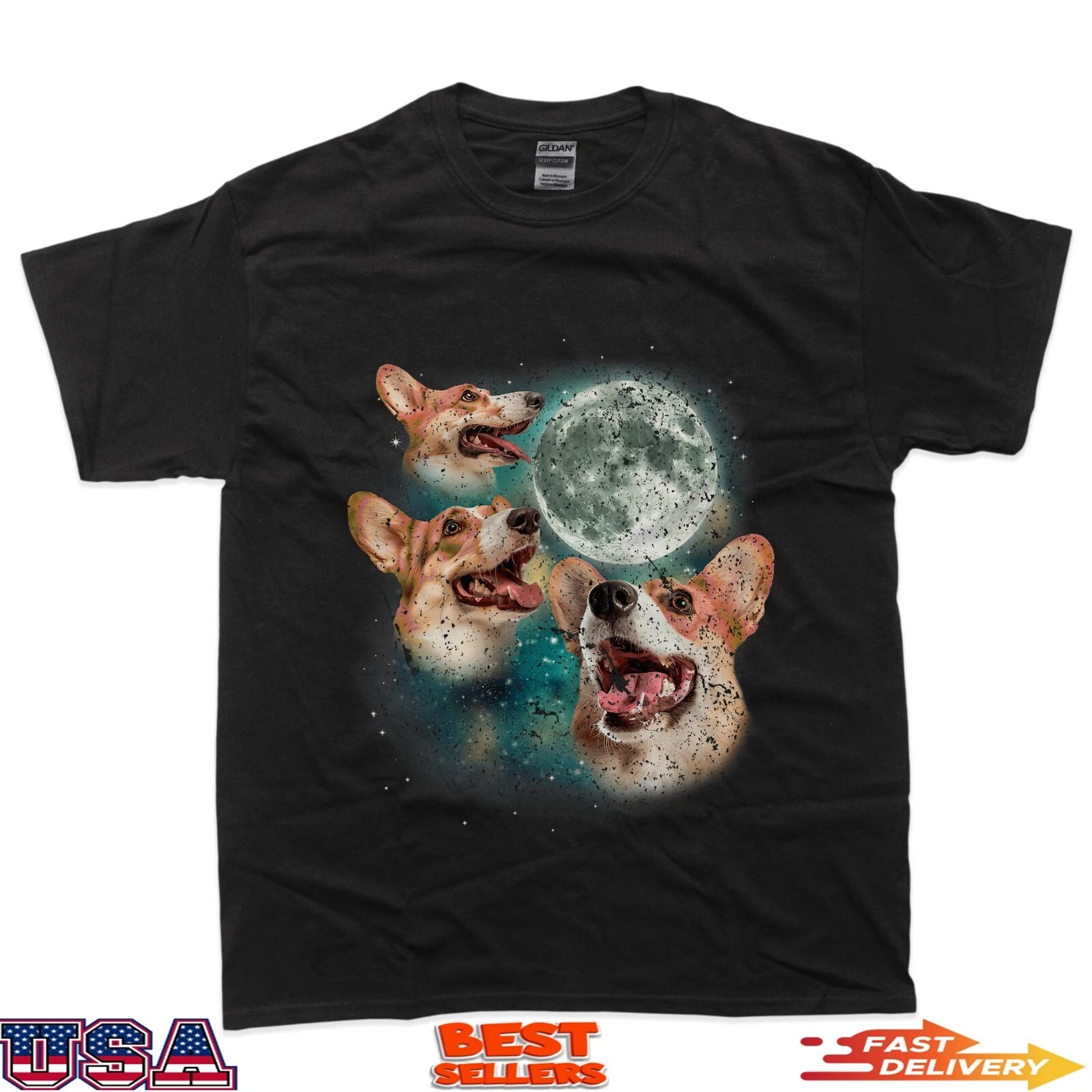Three Corgi Moon 3 Cute Corgi Pups Howling Dog Meme Canine T-Shirt ...