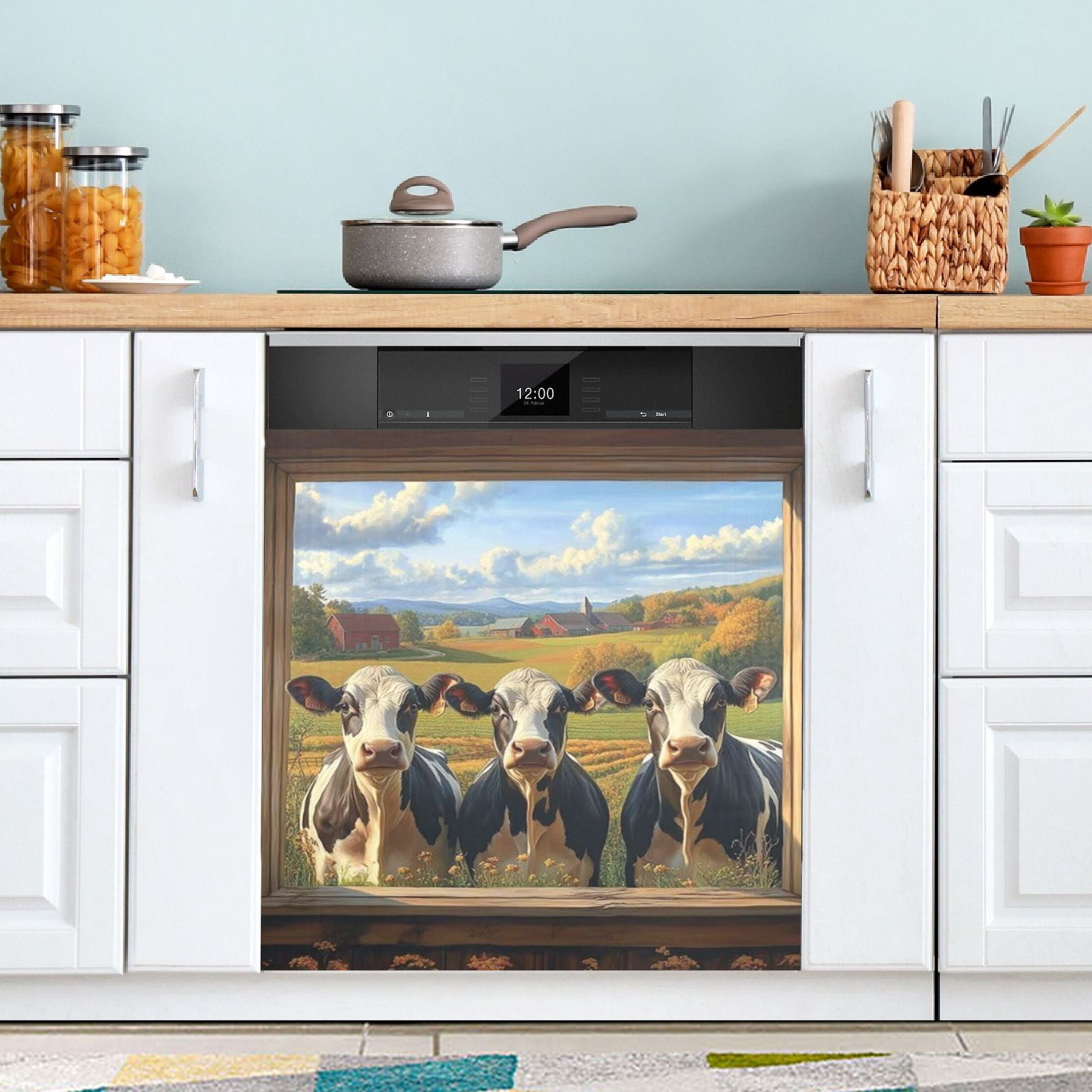 Three Cows Stood in Front Of The Open Window Dishwasher Magnet Cover ...