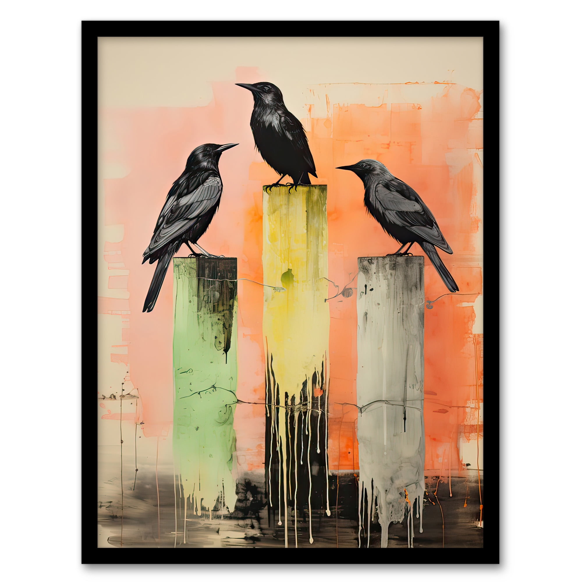 Three Crows Sitting on a Pier Pink Green Yellow Artwork Framed Wall Art ...