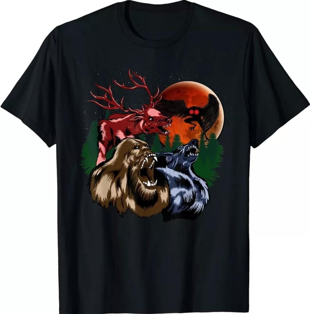 Three Cryptid Moon - Sasquatch, Dogman, Wendigo, Mothman T-Shirt ...