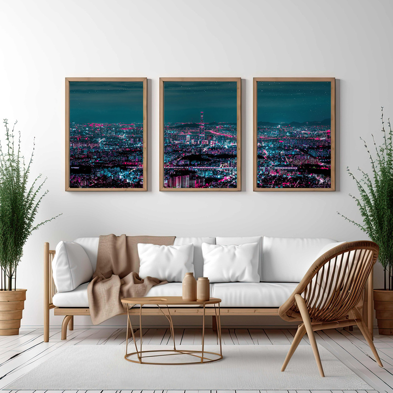 Three Cyberpunk City Art Posters, Full of Neon Wall Art, Future City ...