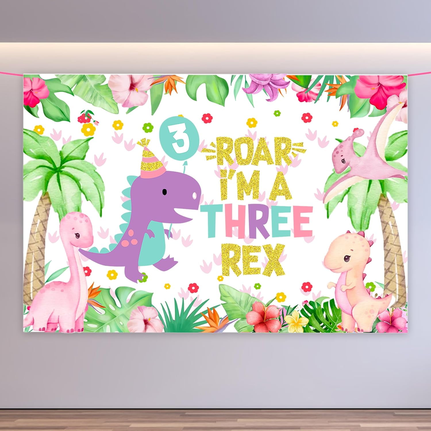 Three Dino Rex Backdrop Pink Dinosaur 3rd Birthday Photography ...