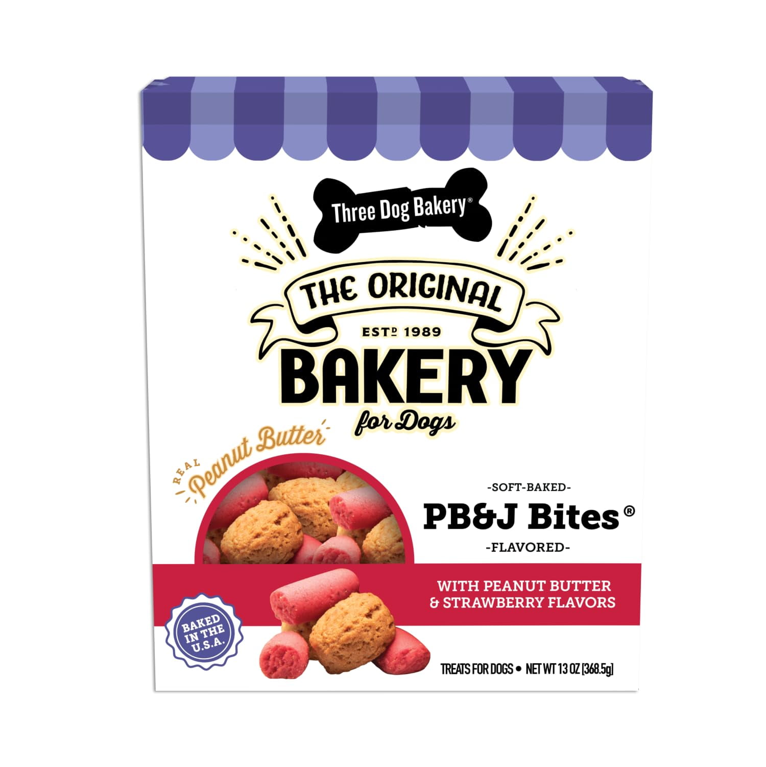 Three Dog Bakery Soft DHF10 Baked PB&J Bites, Peanut Butter ...