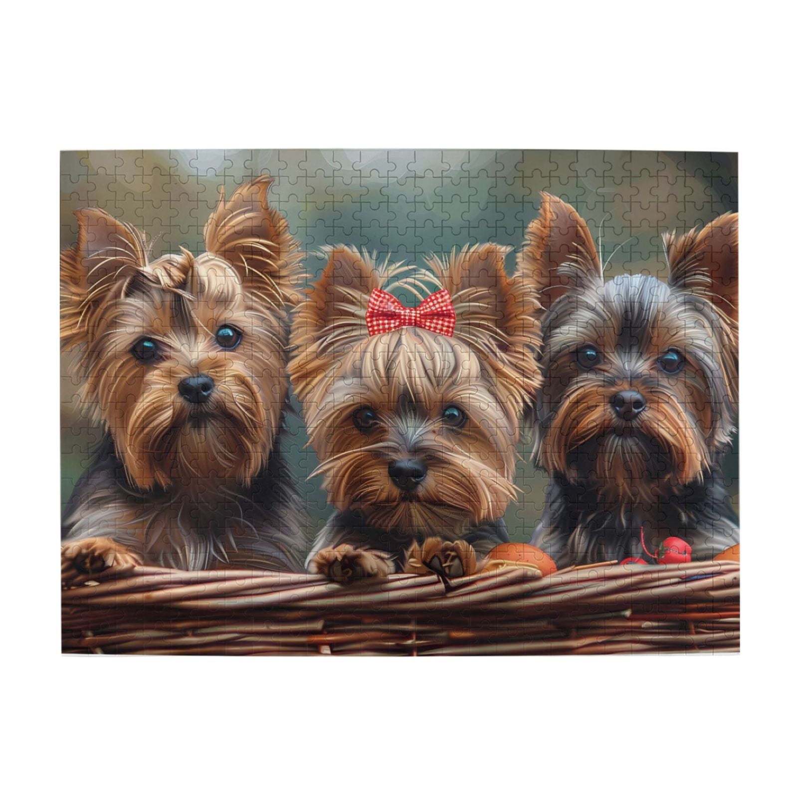 Three Dogs In Basket Red Bow 500-Piece Wooden Jigsaw Puzzle for Adults ...