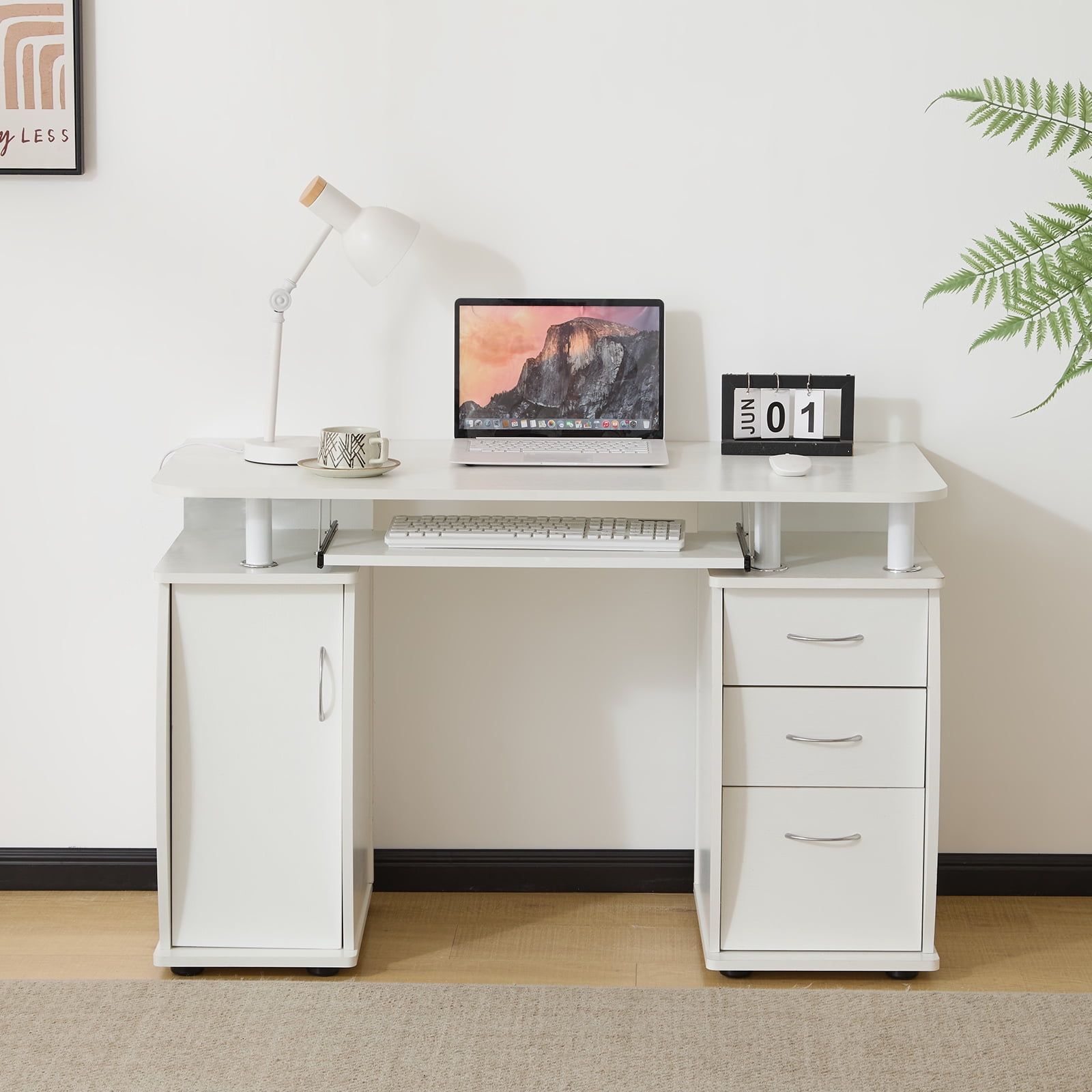 Three-Drawer Computer Desk One-Door Embossed White Particle Board with ...