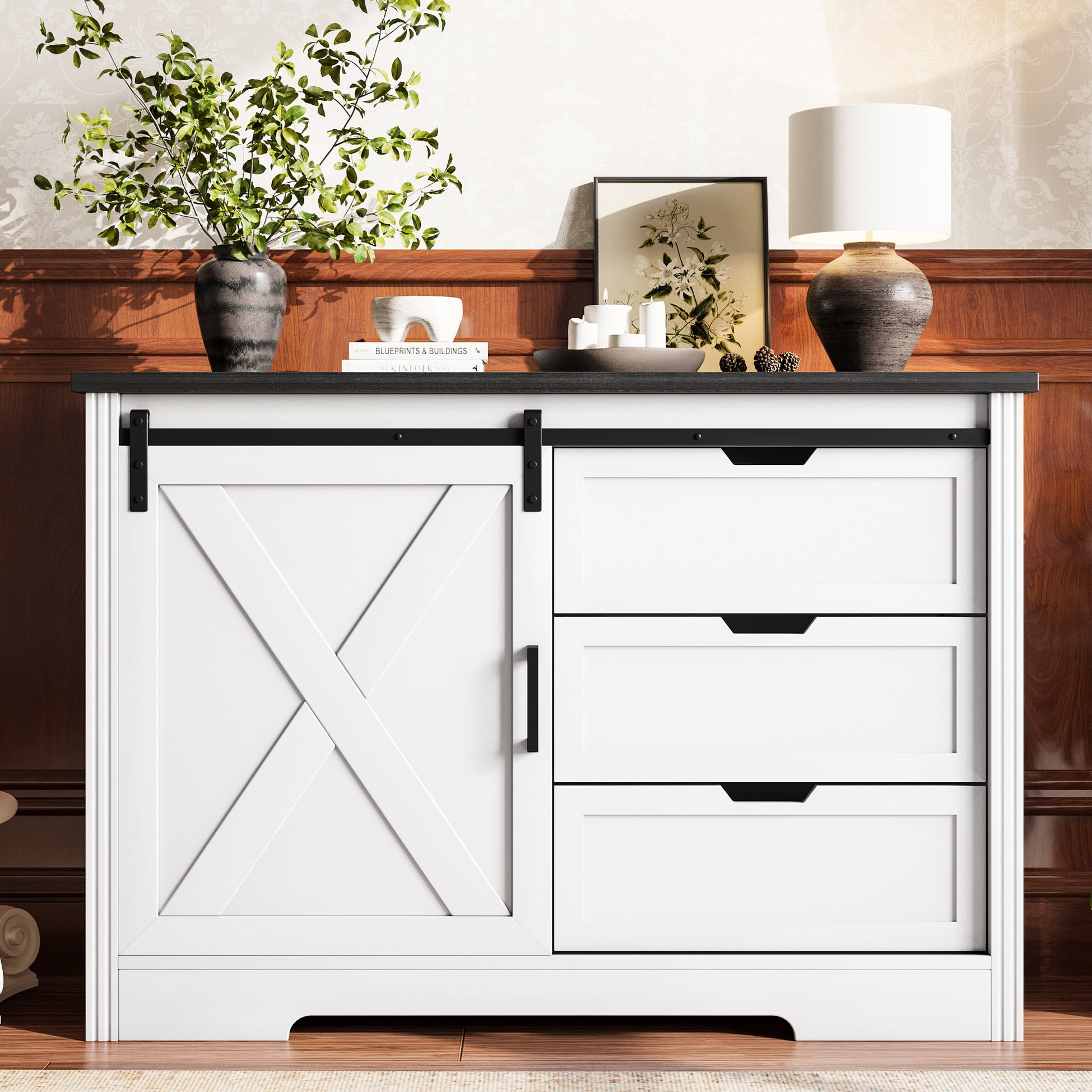 Three Drawers Cabinet With Sliding Doors And Ample Space, White For ...
