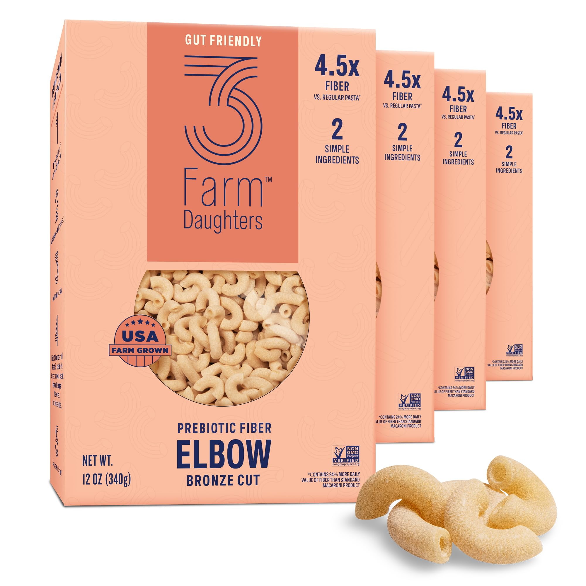 Three Farm Daughters SCH4 High Fiber Elbow Macaroni Pasta Pack, Low GI, Non GMO Elbow Pasta ...