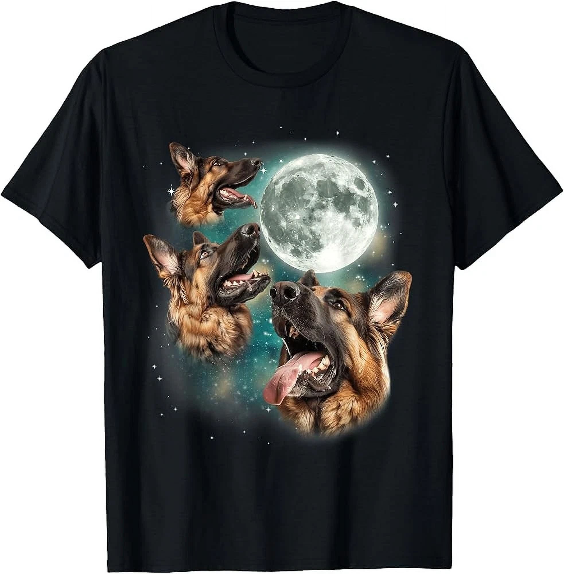 Three German Shepherd Moon Funny Howling Dogs Canine Meme T-Shirt ...