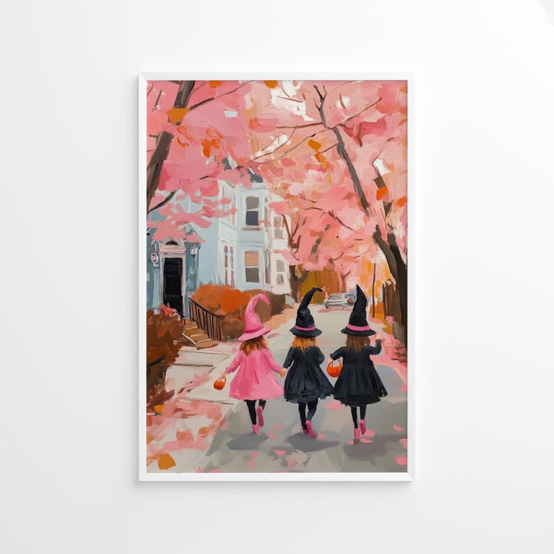 Three Girls Trick or Treating Poster, Pink Halloween Witches Art Print ...