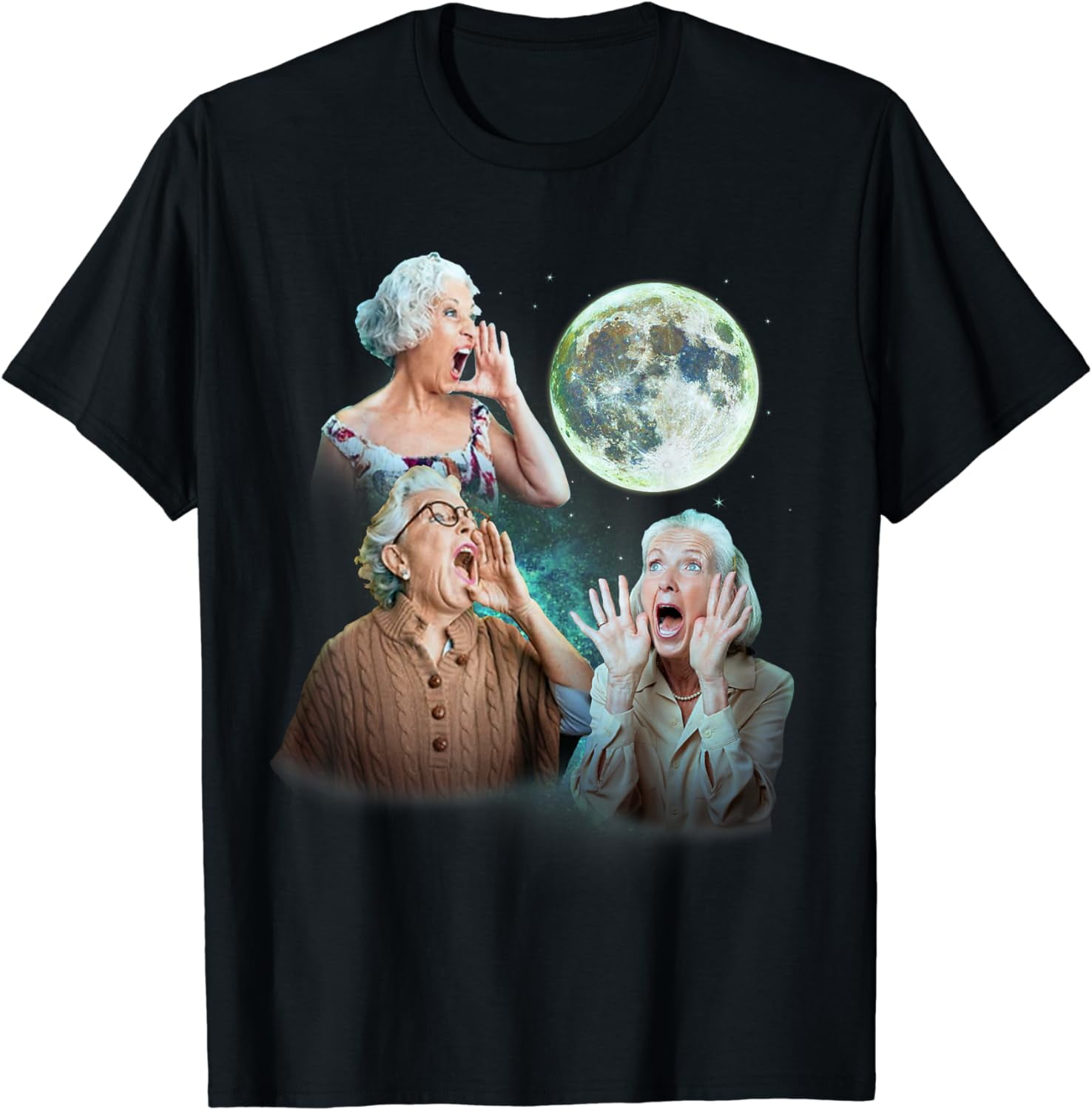 Three Granny Howling At Weird Cursed Moon Meme 3 Wolf Parody T-Shirt ...