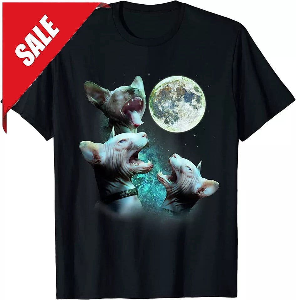 Three Hairless Sphynx Cats Howl At Moon 3 Wolfs Funny Parody T-Shirt ...