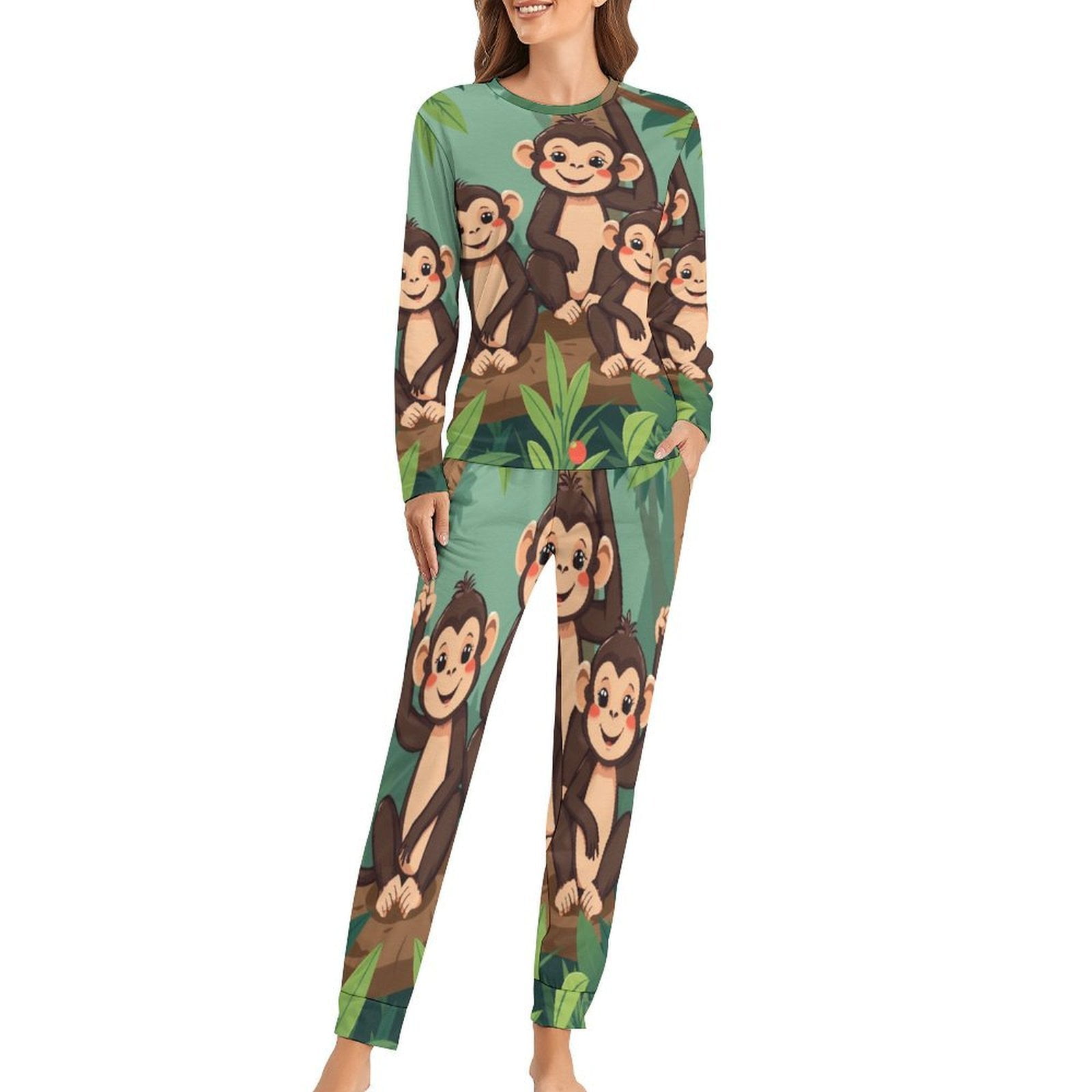 Three Jungle Monkeys Pajamas Woman Long Sleeves Cute Pajama Sets Two ...