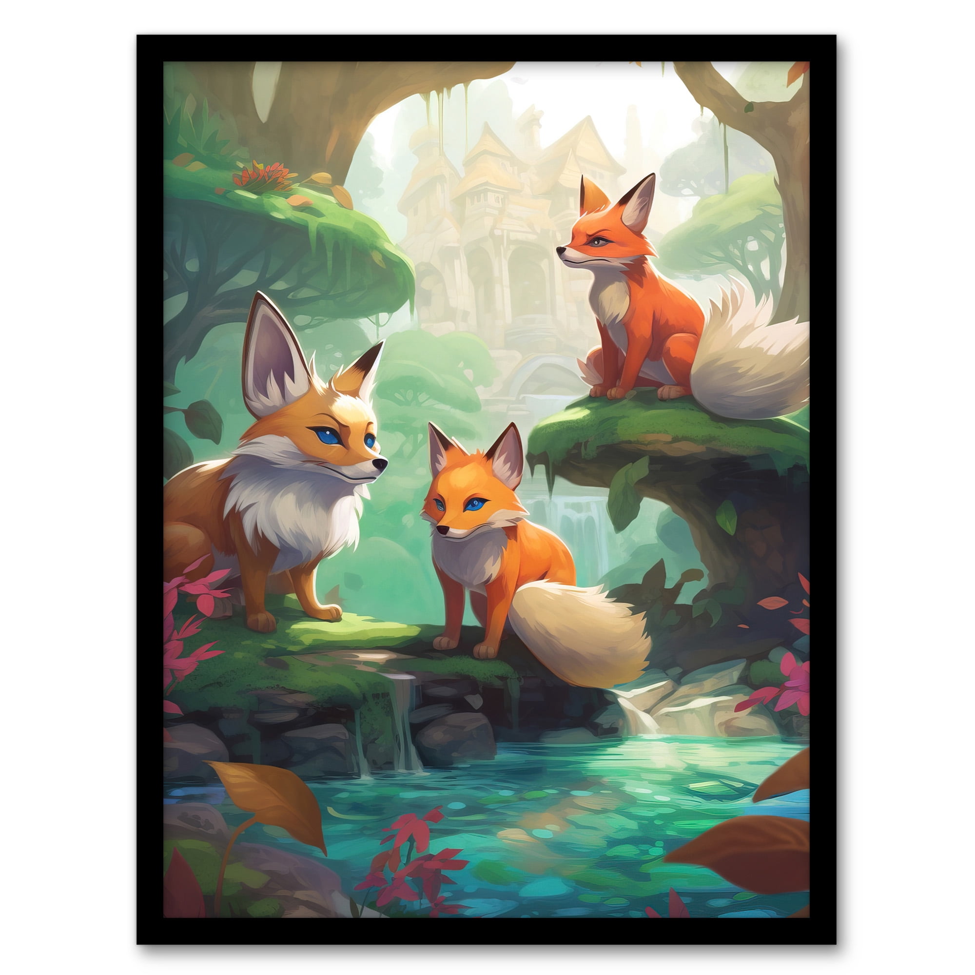 Three Kitsune Fox Spirits Painting Orange Pink Green Blue Playful ...
